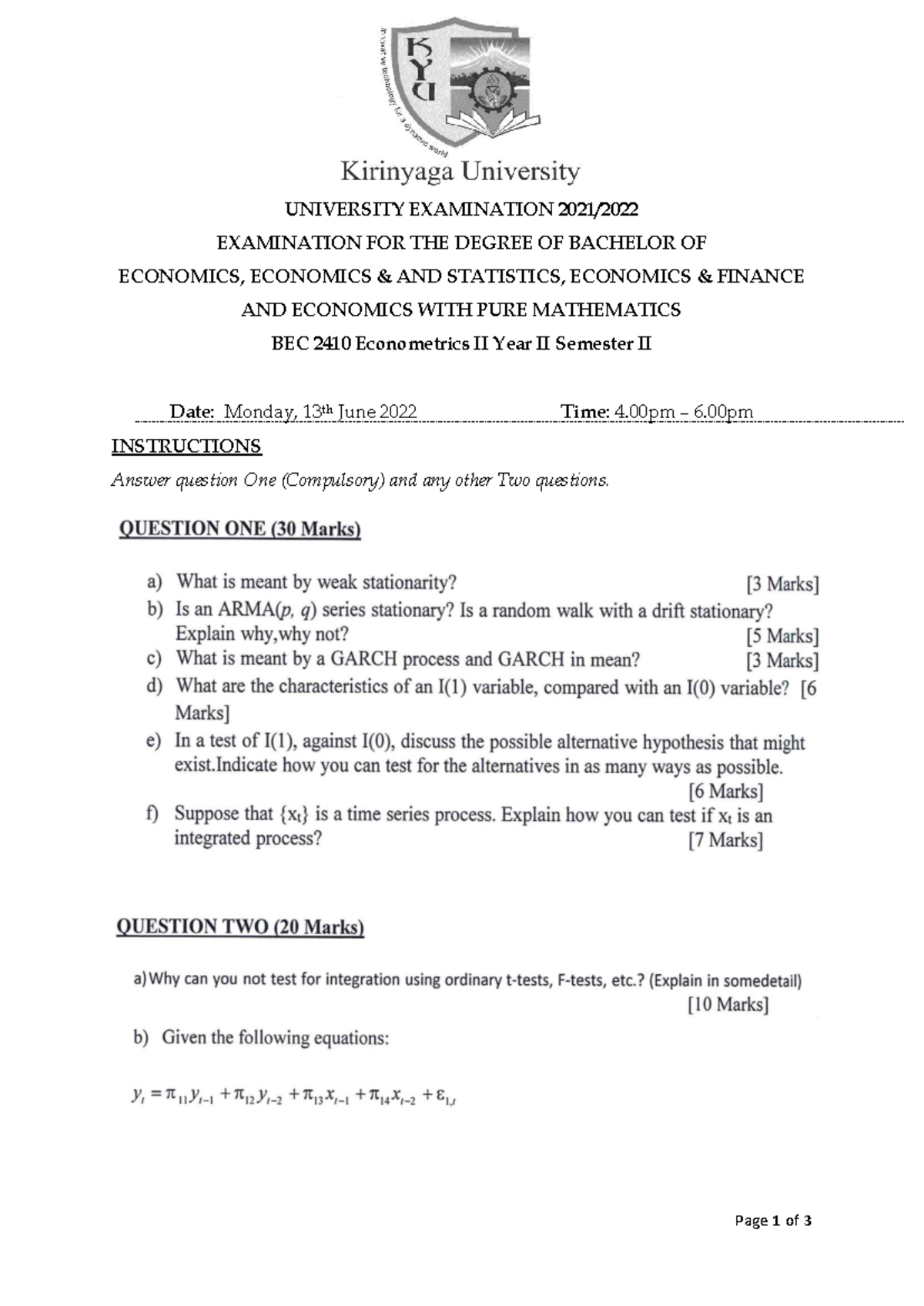 BEC 2410 Econometrics II Year II Semester II - economics and statitics - Page 1 of 3 UNIVERSITY ...