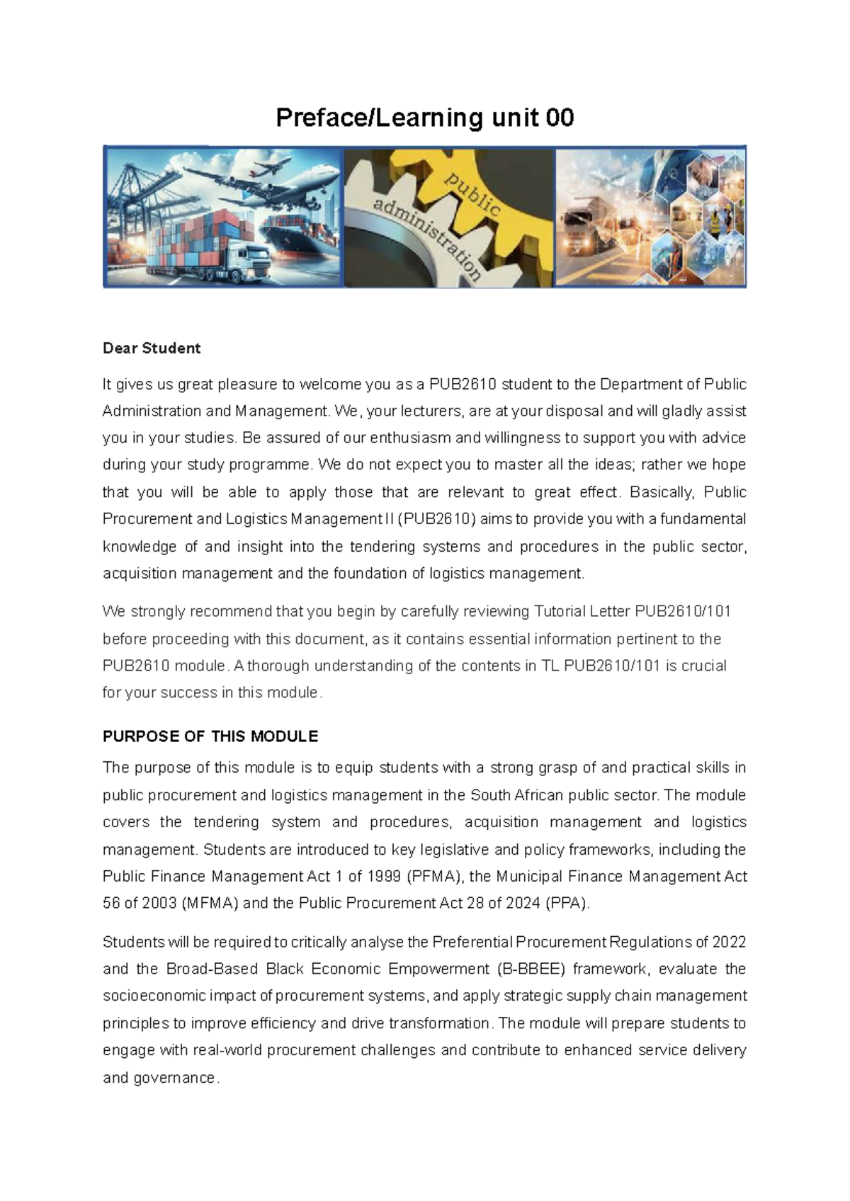PUB2610 Introduction to Public Procurement and Logistics Management ...