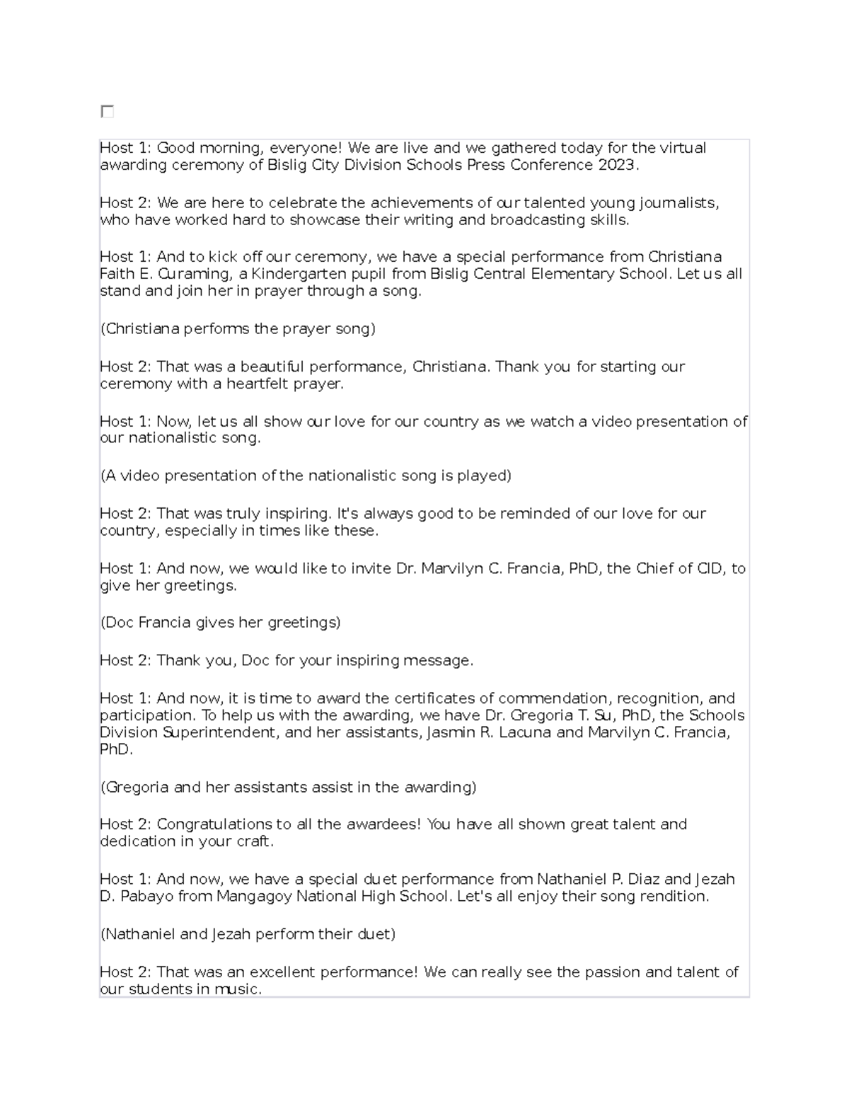 2023 DSPC Virtual Awarding Ceremony Script - Studocu
