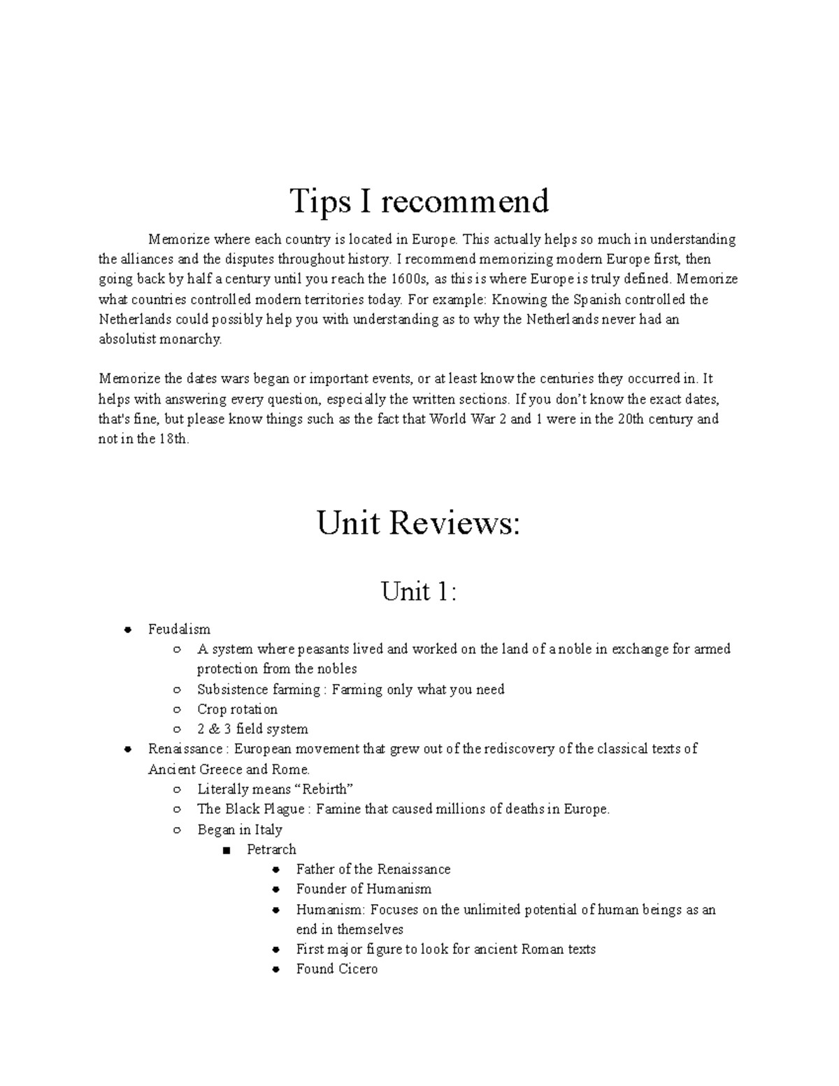 AP Euro Review Sheet: Unit 1 Class Notes on European History - Studocu
