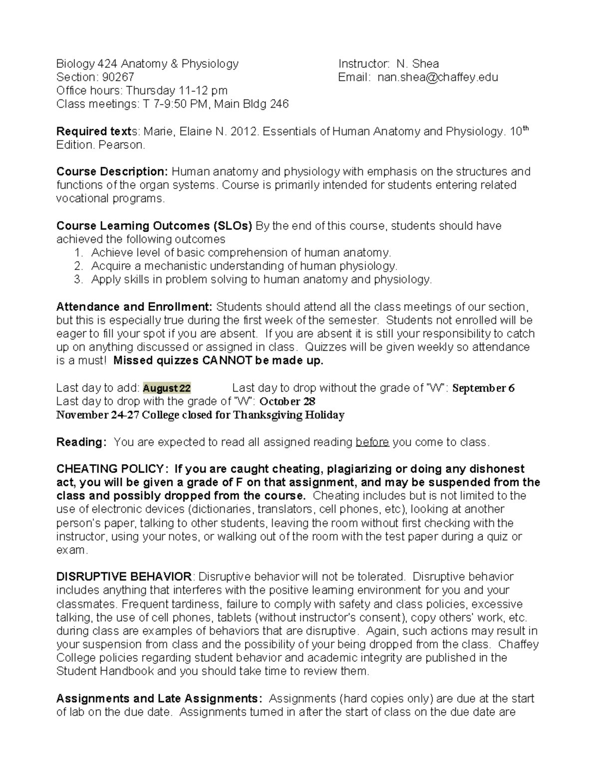 Biology 424 Anatomy & Physiology Syllabus - Fall 2016 - Studocu