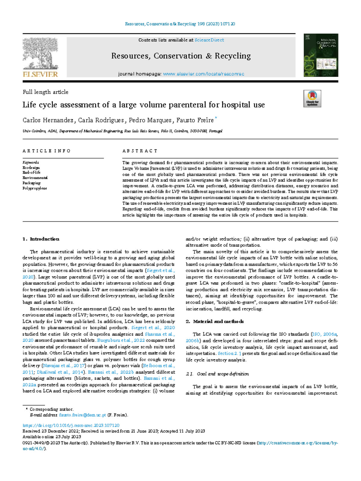 Life Cycle Assessment of Large Volume Parenterals (LVP) in Hospitals ...