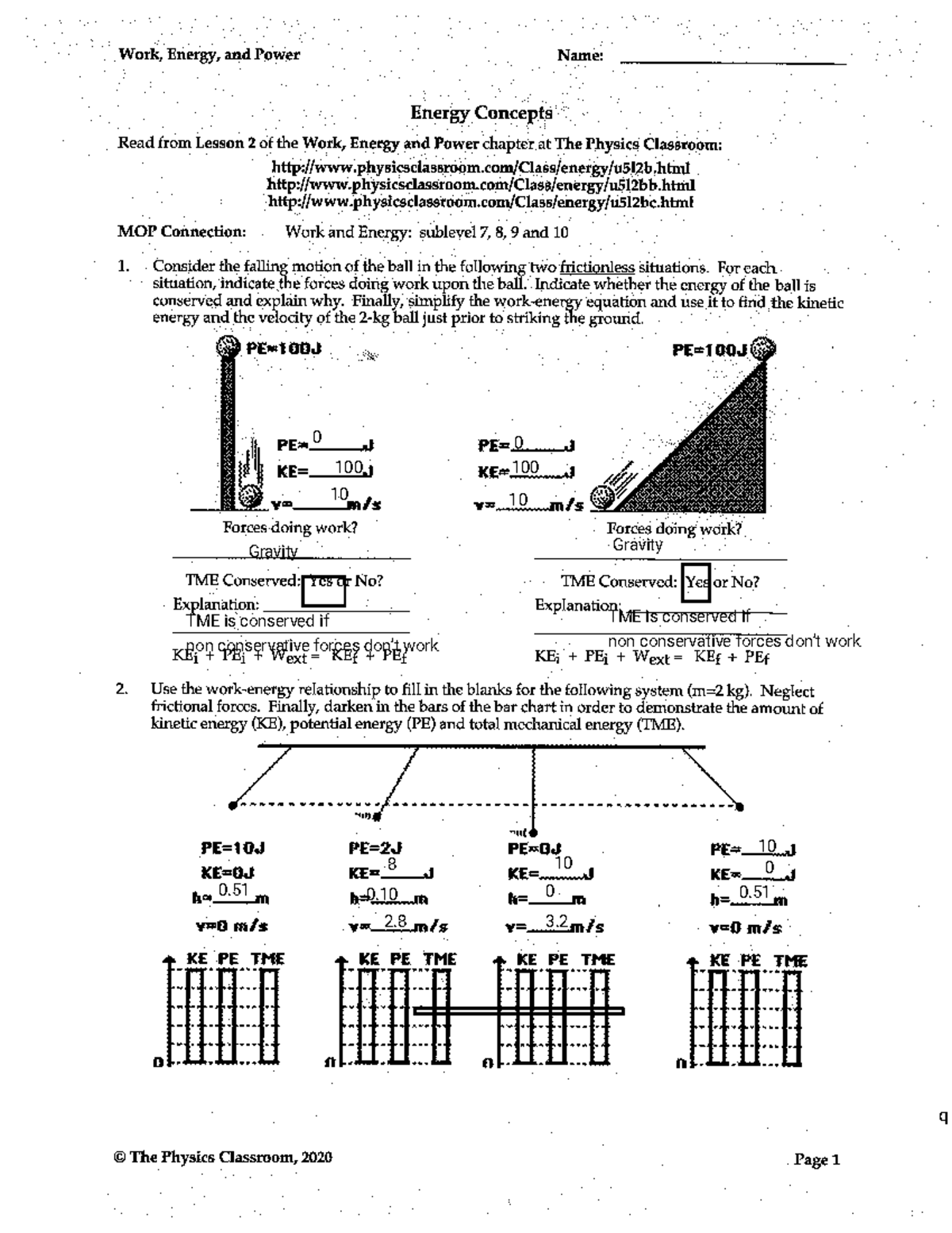 Mechanical energy conservation - Work, Energy, and Power Name: Energy Concepts Read from Lesson ...