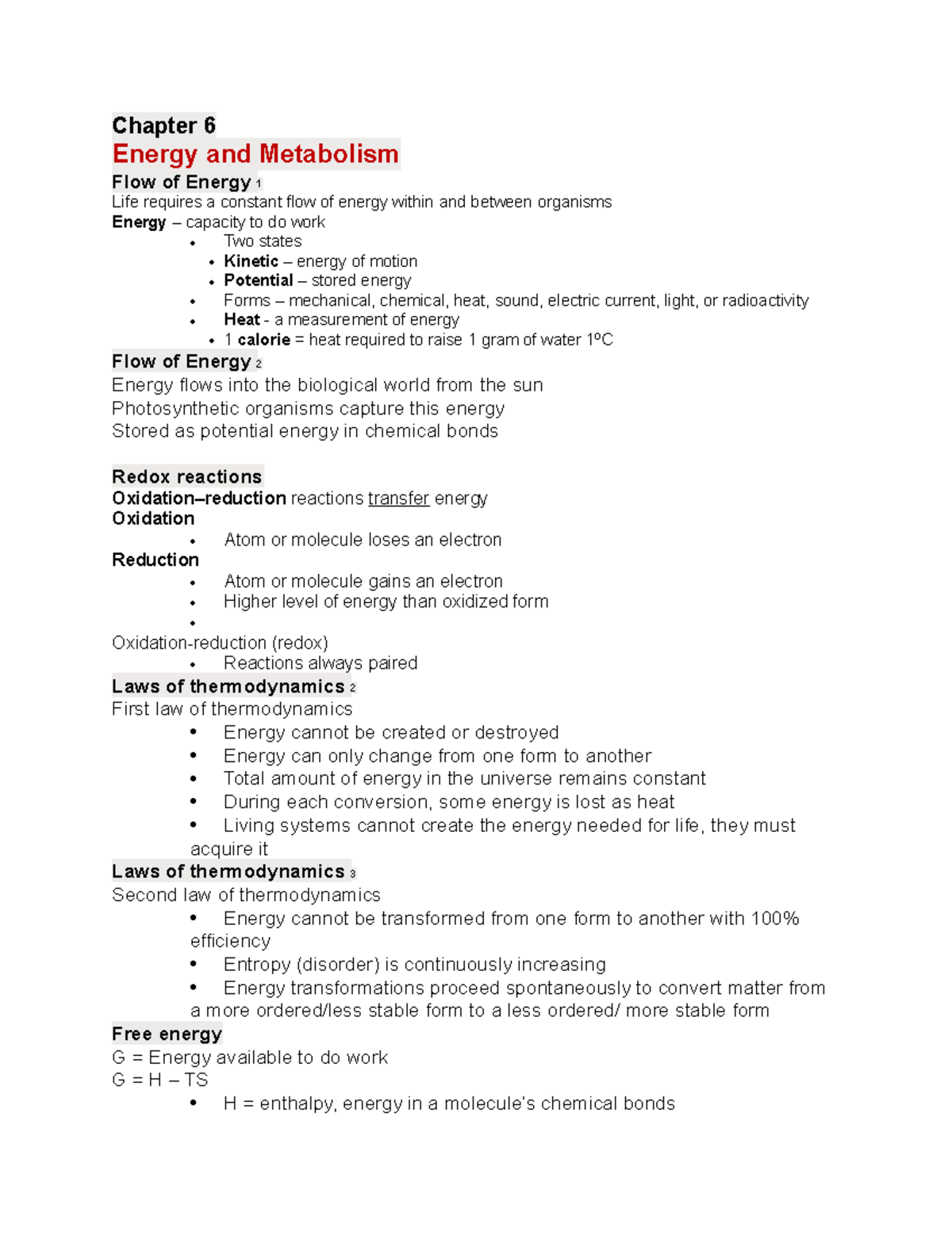 Chapter 6 - notes - Chapter 6 Energy and Metabolism Flow of Energy 1 ...