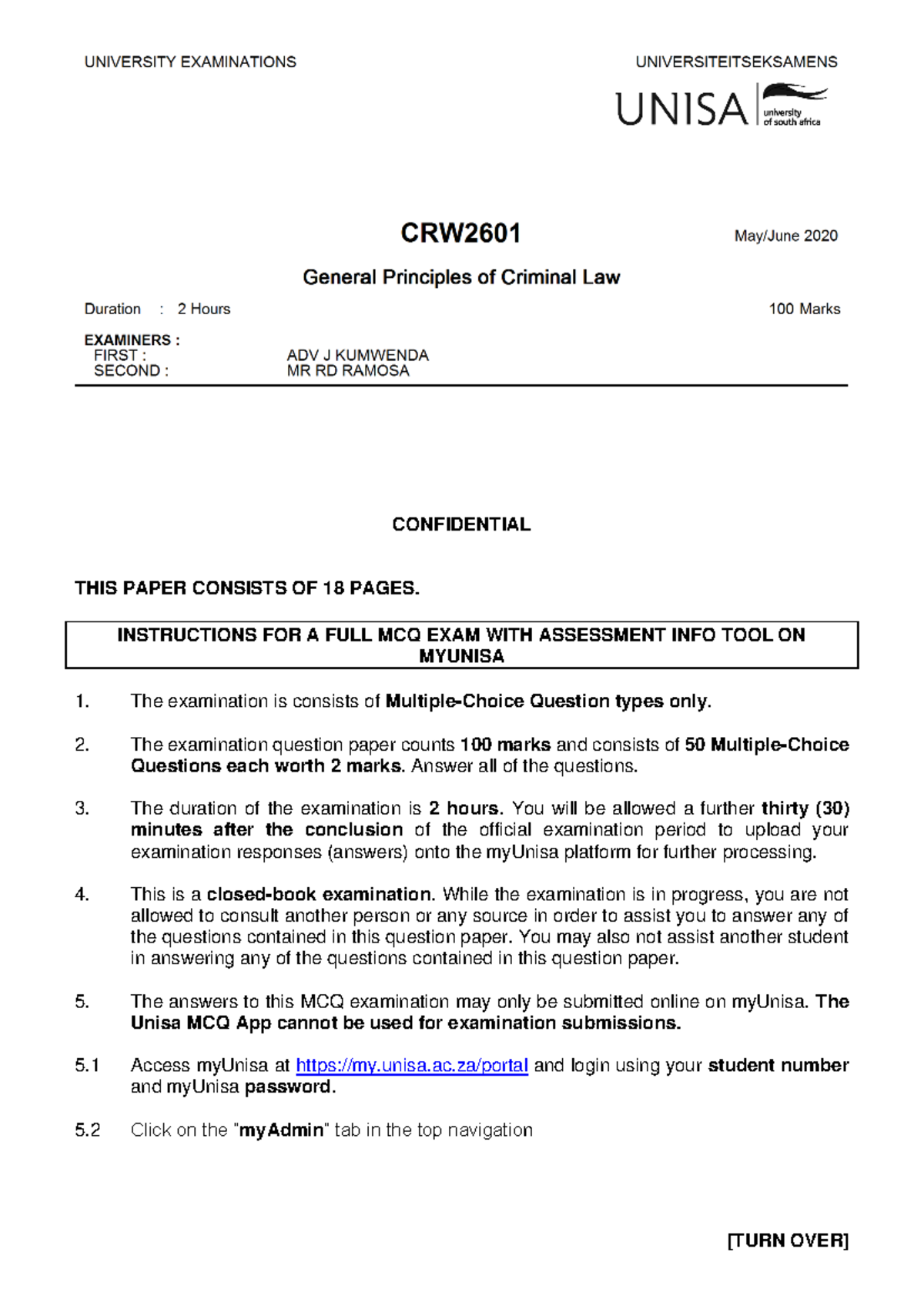 Crw2601 May/June 2020 MCQ Exam Instructions and Assessment Details ...
