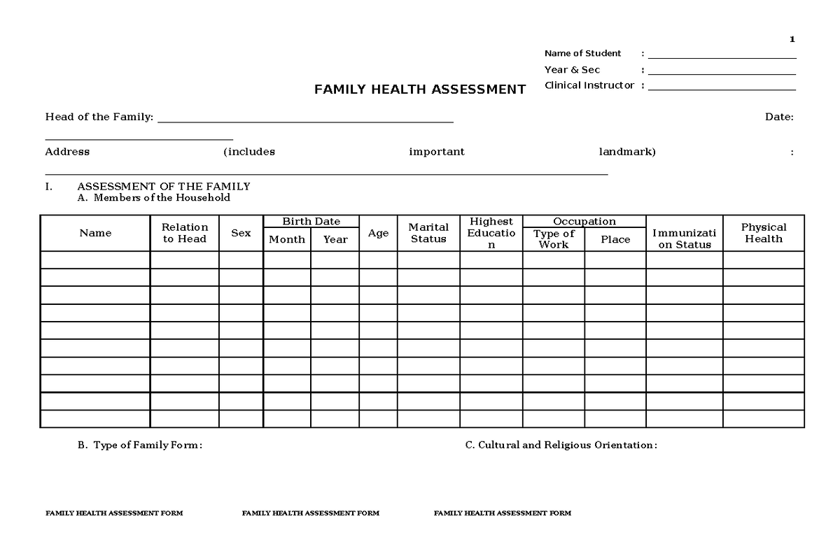 FAMILY HEALTH ASSESSMENT FORM - Comprehensive Overview - Studocu