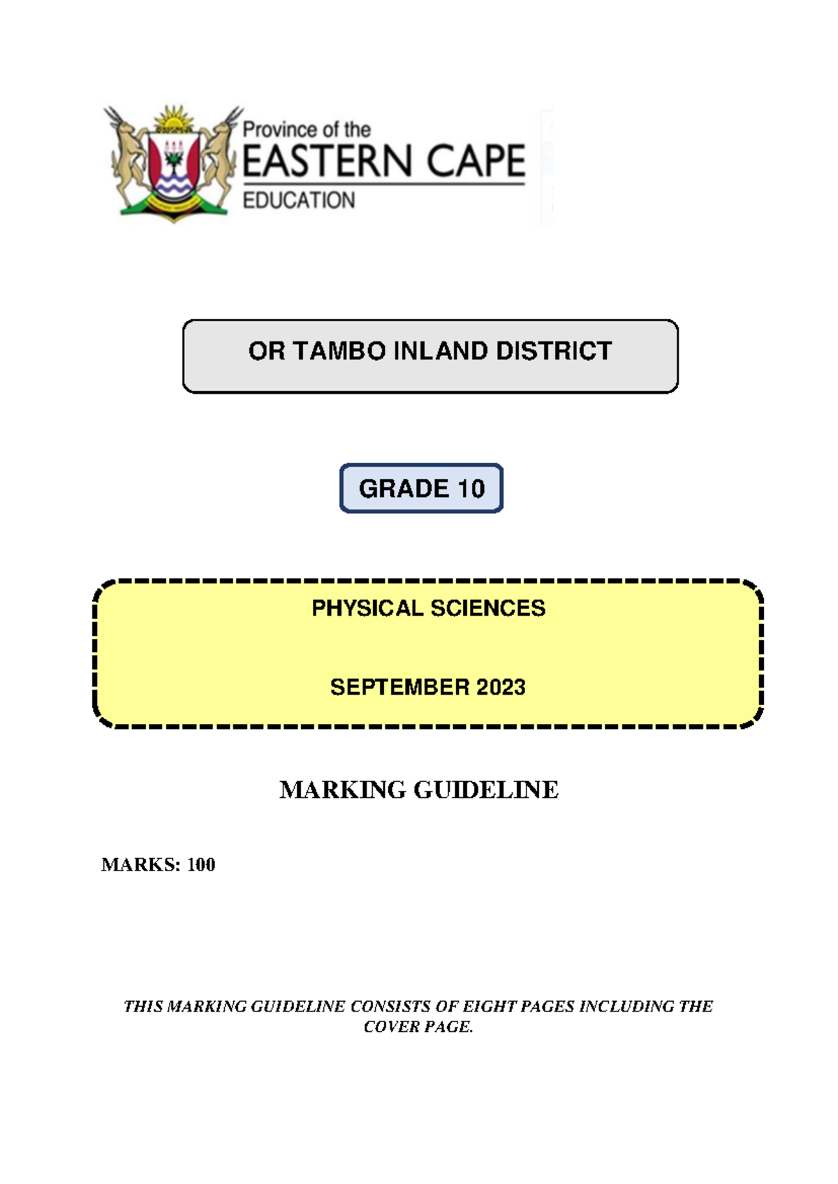 2023 EC Physical Sciences Grade 10 Sept Marking Guideline - Studocu