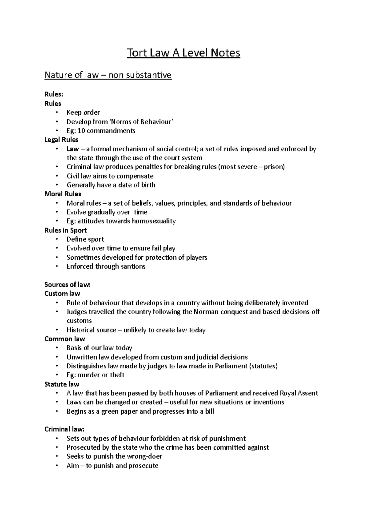 Tort Law A Level Notes - Tort Law A Level Notes Nature of law – non ...