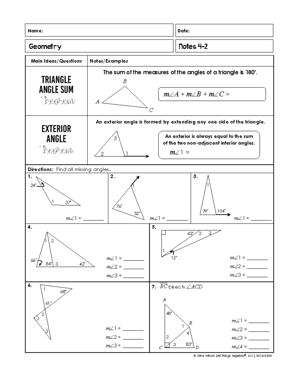 Geometry Notes 4-2: Triangle Angle Theorems and Exterior Angles - Studocu