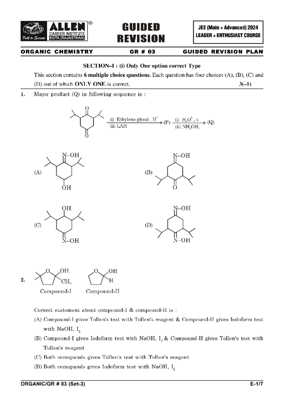 ALLEN JEE (Main Advanced) 2024 Organic Chemistry Revision Plan GR 03 ...