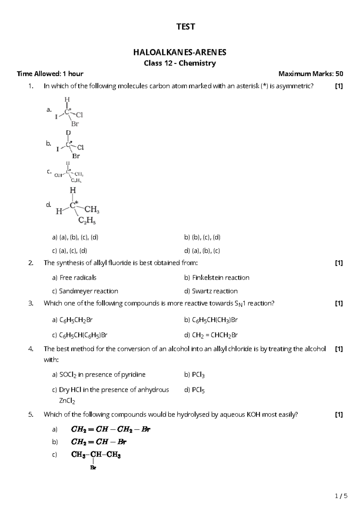 Class 12 Chemistry Test: Haloalkanes and Arene Reactions - Studocu