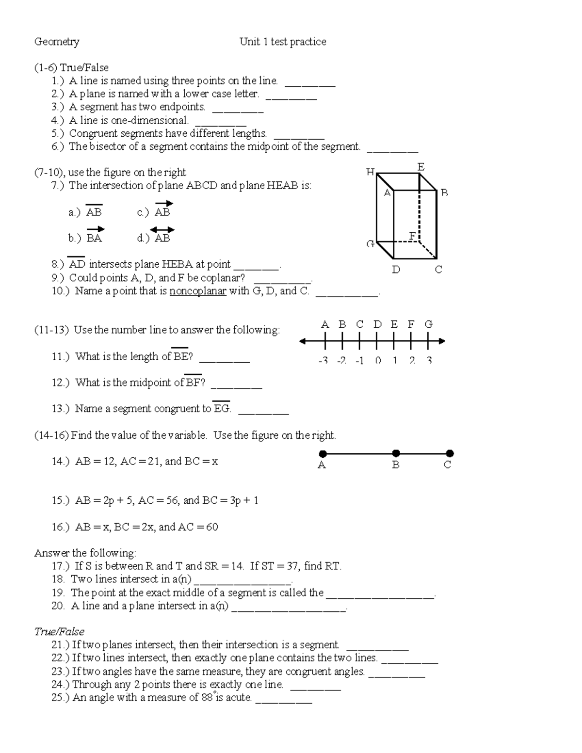 Geometry Unit 1 Test Practice: Key Concepts and Questions - Studocu