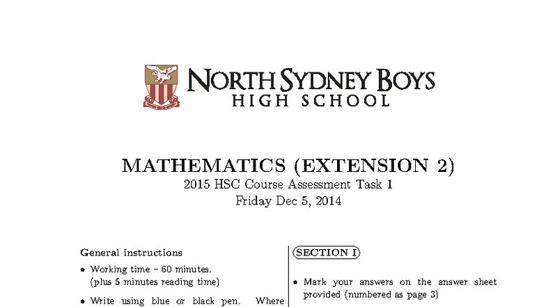 2015 HSC Mathematics Extension 2 Assessment Task 1 Solutions - Studocu