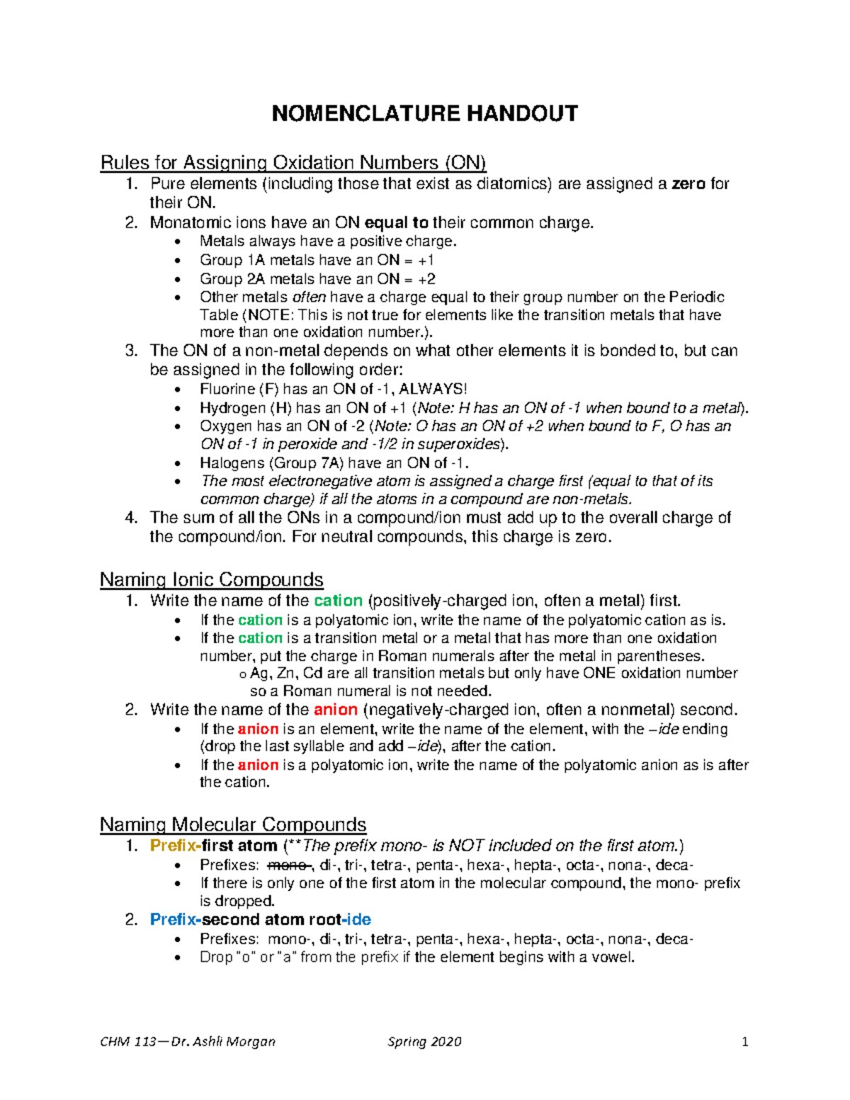 Nomenclature Handout: Oxidation Numbers & Naming Compounds (CHM) - Studocu