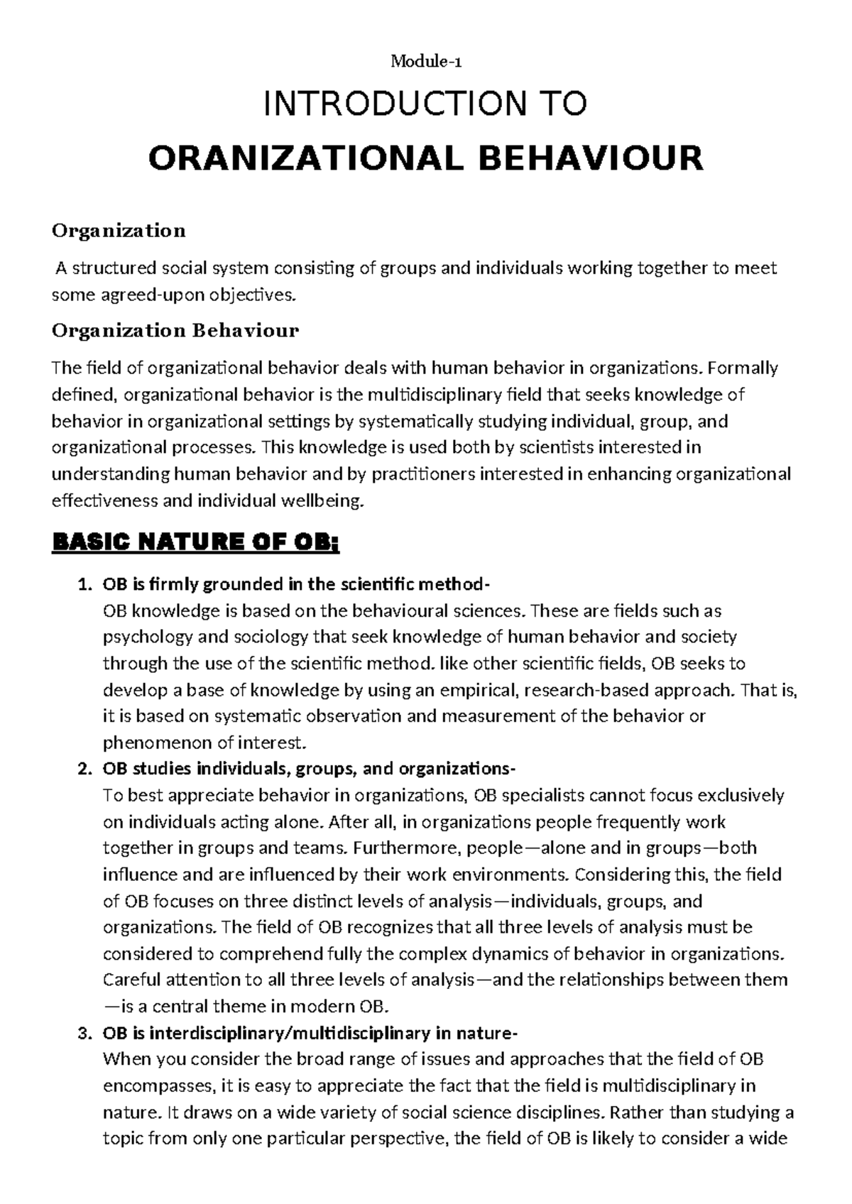 1. Introduction to OB - OB NOTES - Module- INTRODUCTION TO ...