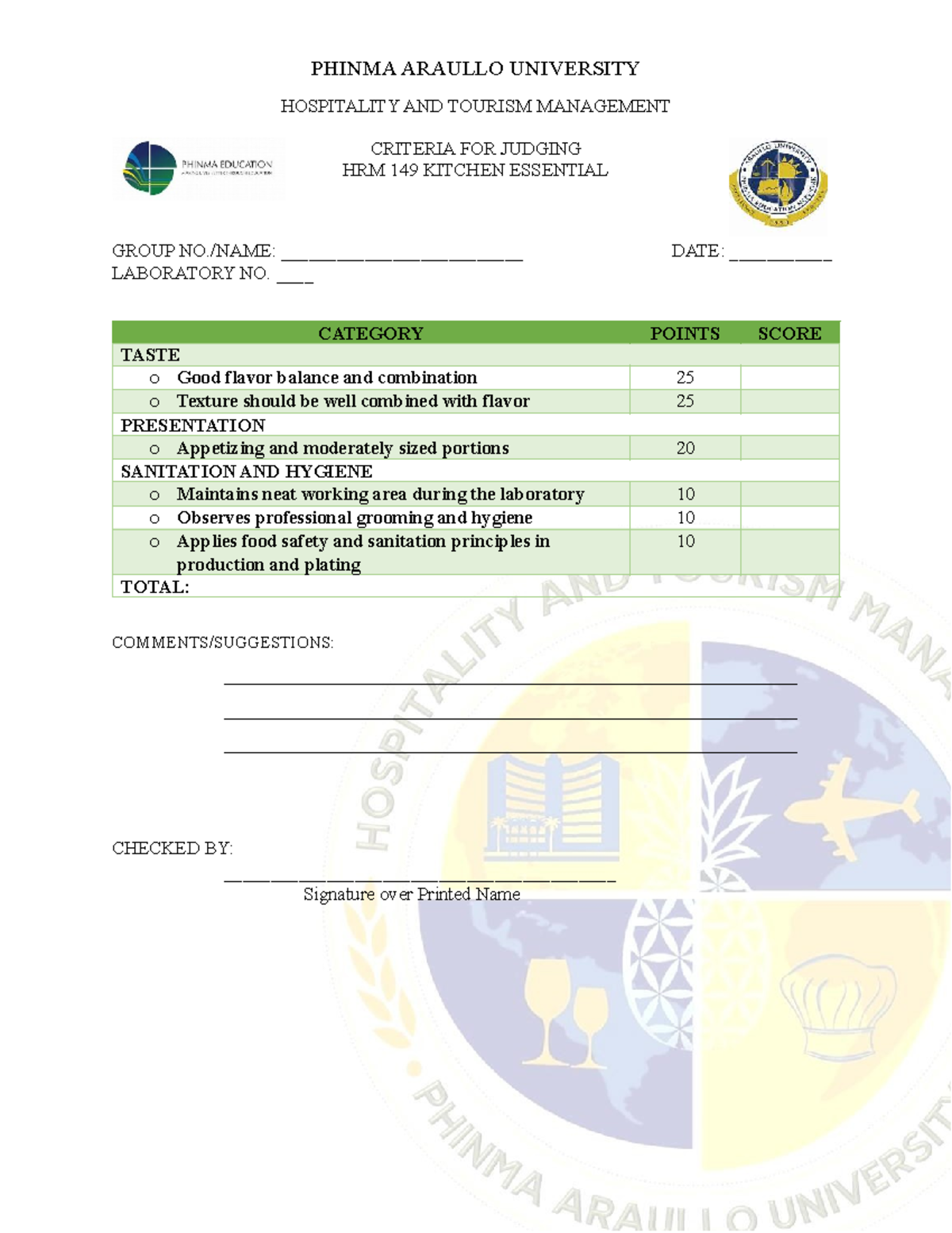 Rubrics for Laboratory - PHINMA ARAULLO UNIVERSITY HOSPITALITY AND ...