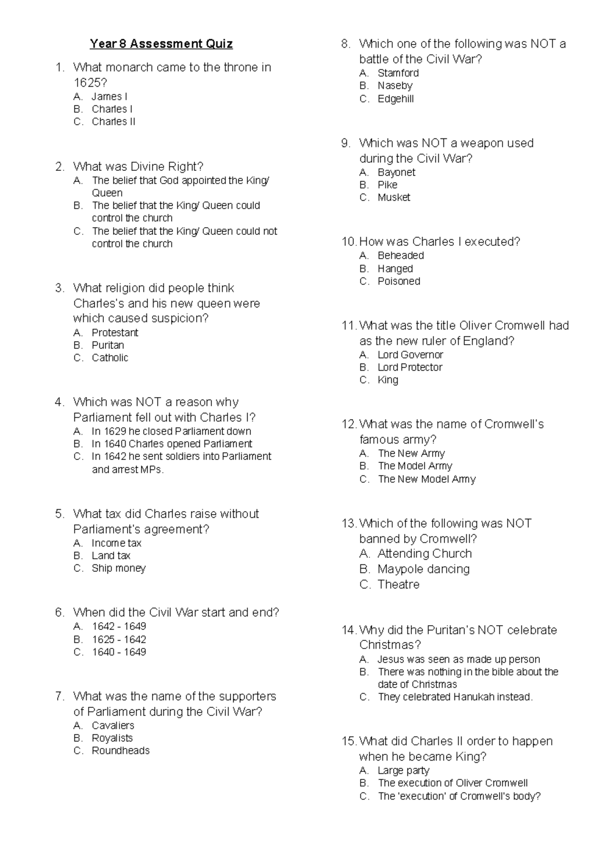 Y8 Civil War Assessment Quiz: Key Questions & Answers - Studocu