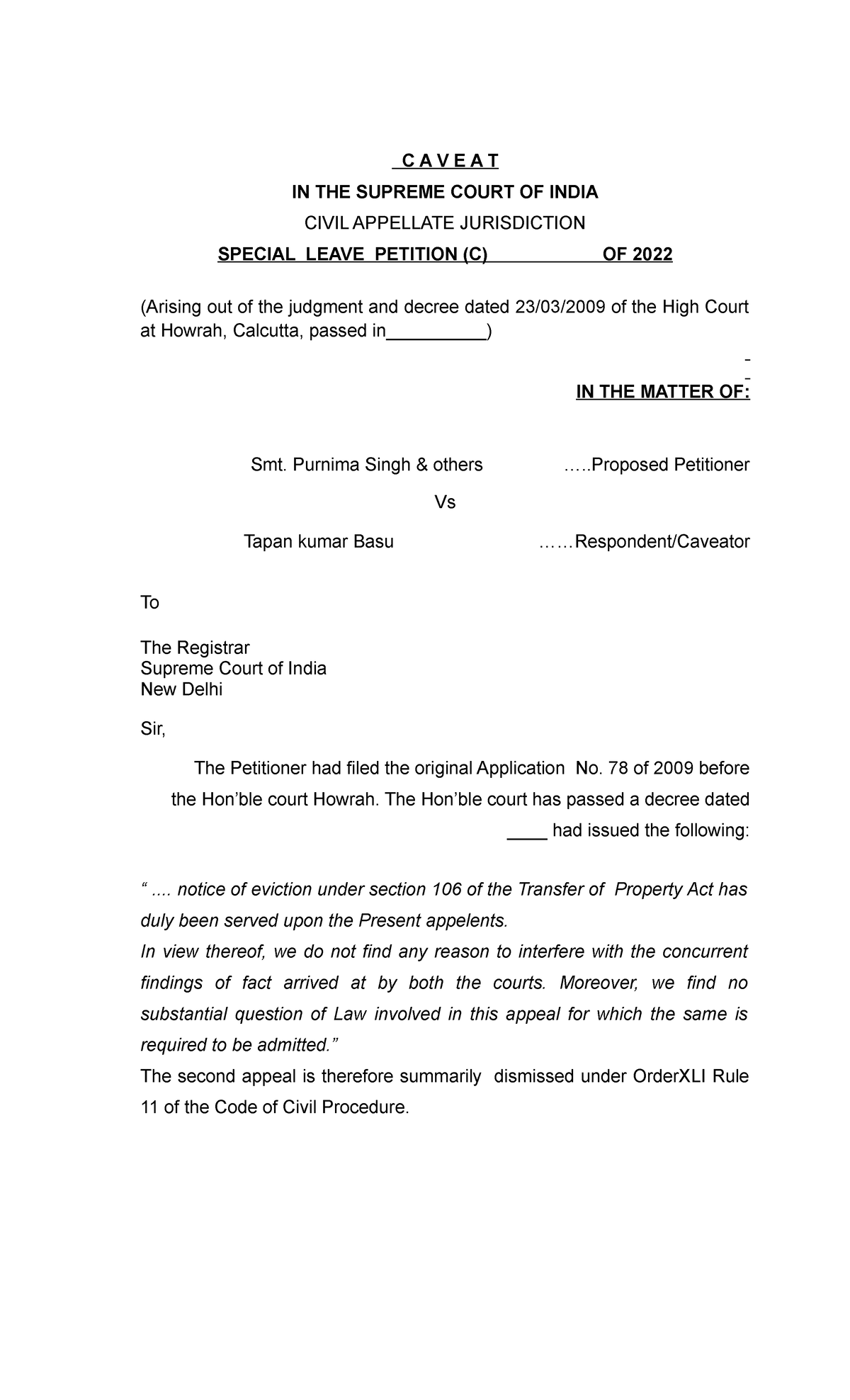 Caveat Format SC Drafts - Special Leave Petition (C) 2022 - Studocu