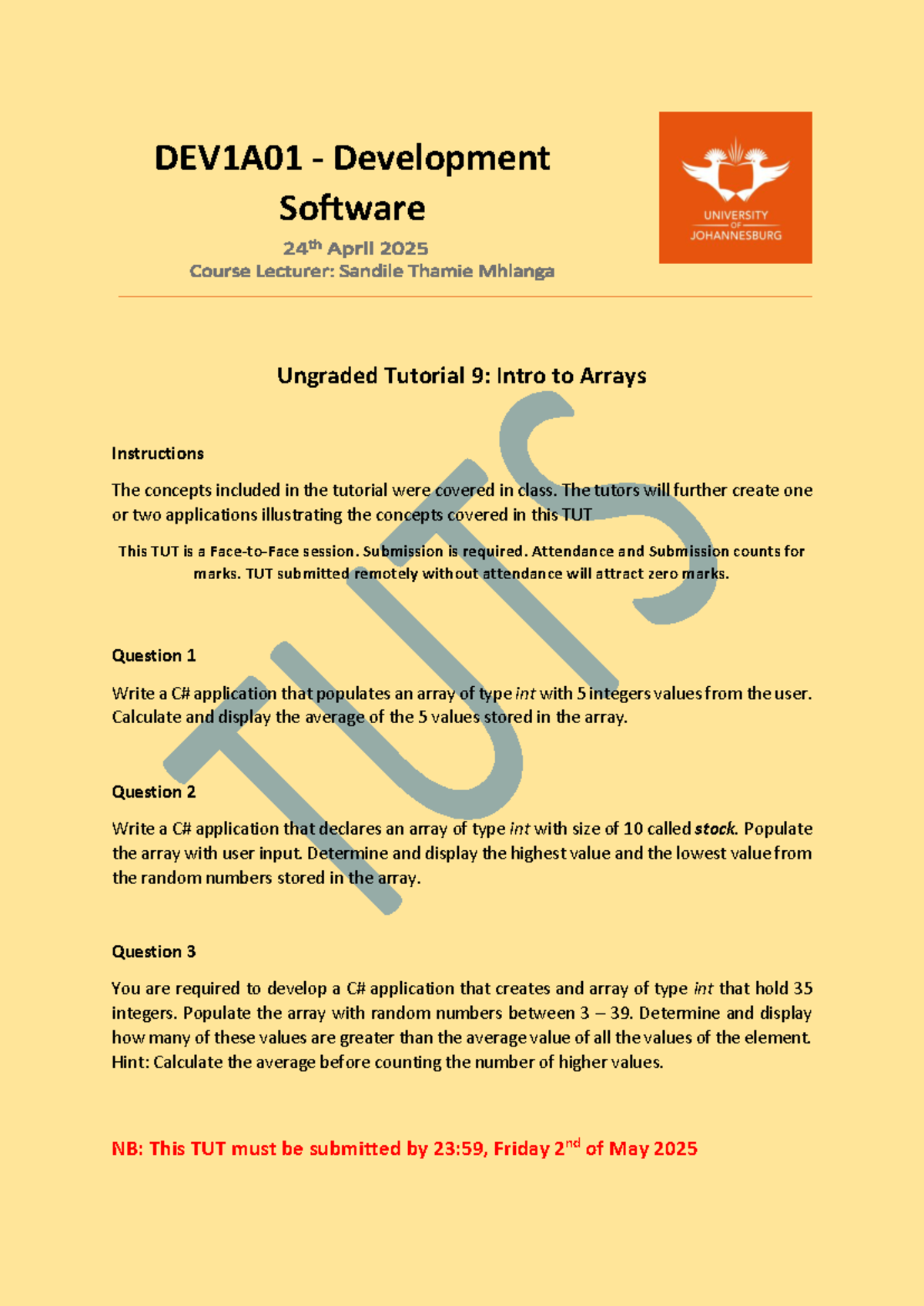 DEV1A01 TUT 9 - Intro to Arrays Application Questions - Studocu