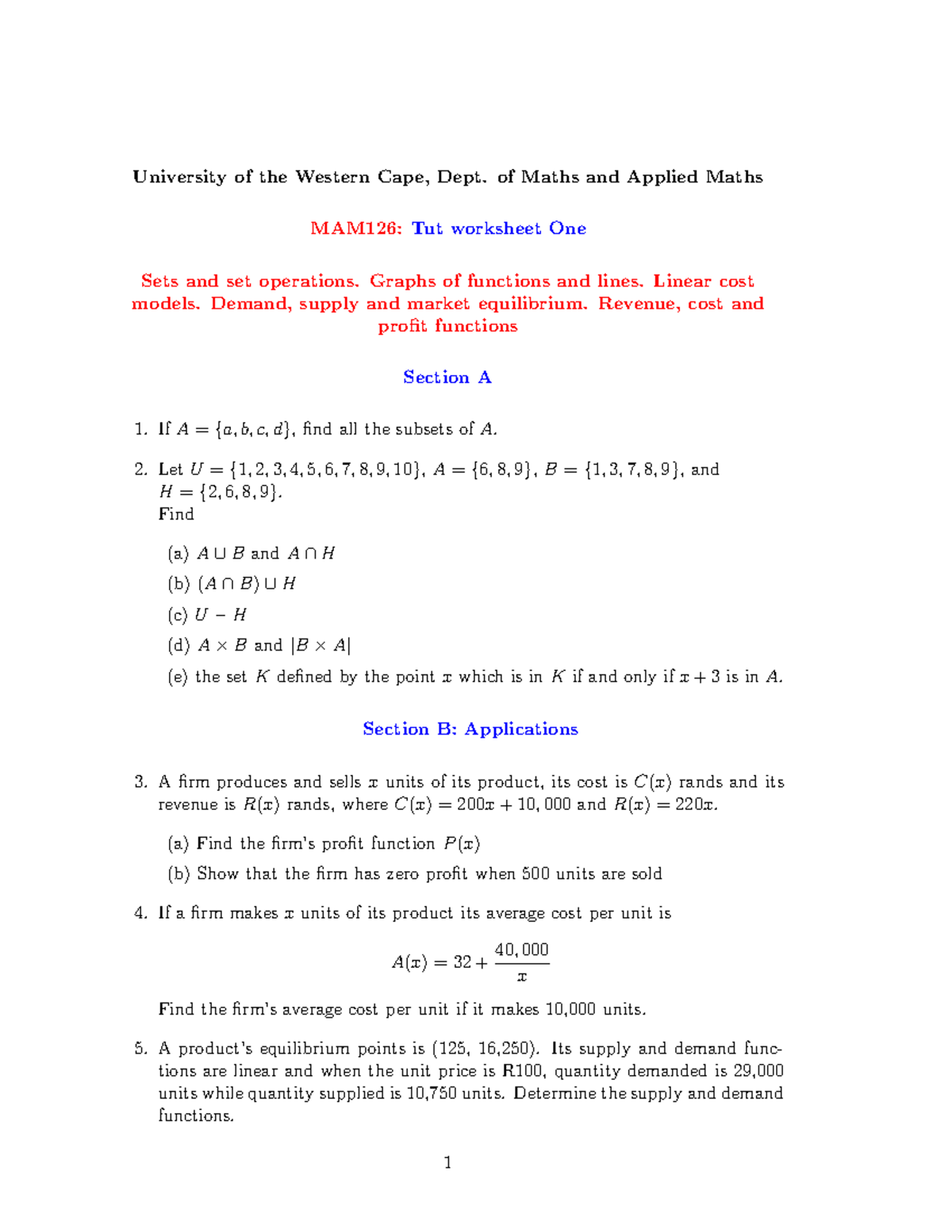 Mam126 Tut worksheet One - University of the Western Cape, Dept. of ...