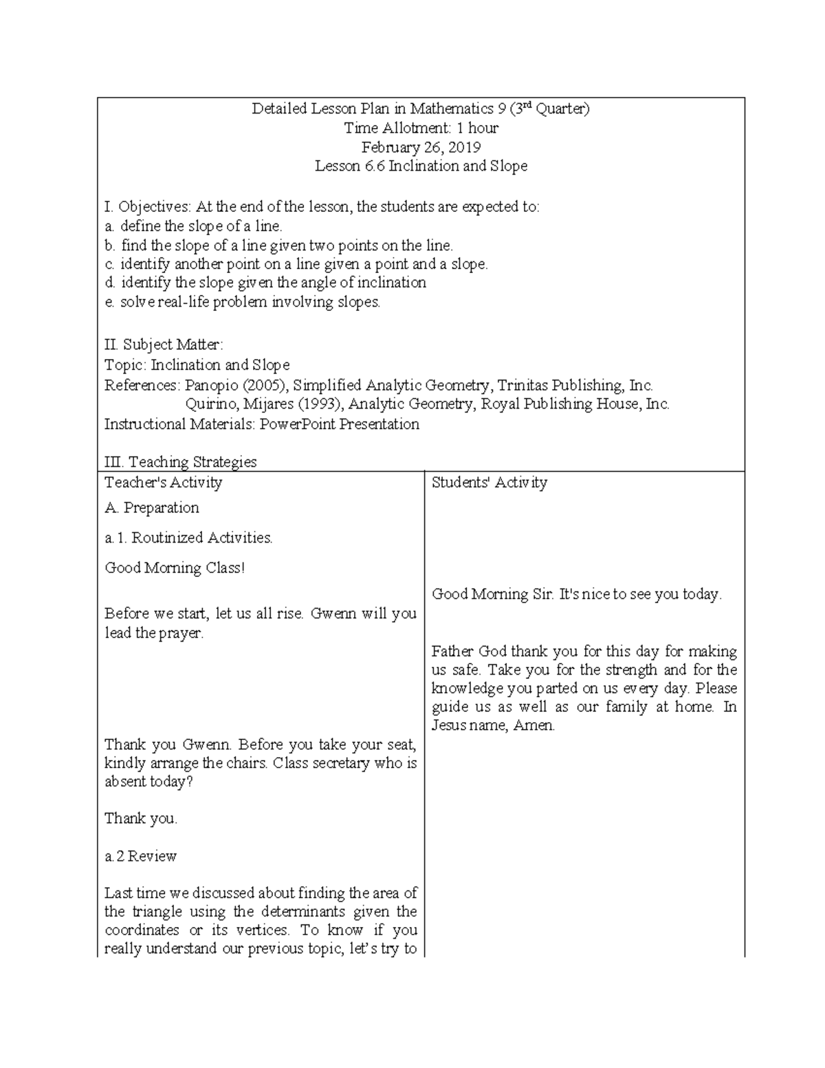 Inclination and Slope - LESSON PLAN - Detailed Lesson Plan in ...