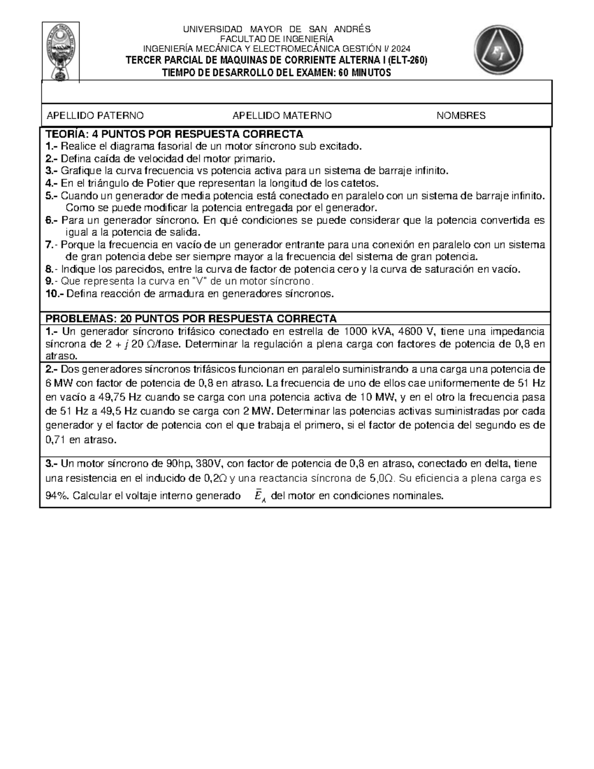 Tercer Parcial de Máquinas de Corriente Alterna I - ELT260 2024 - Studocu