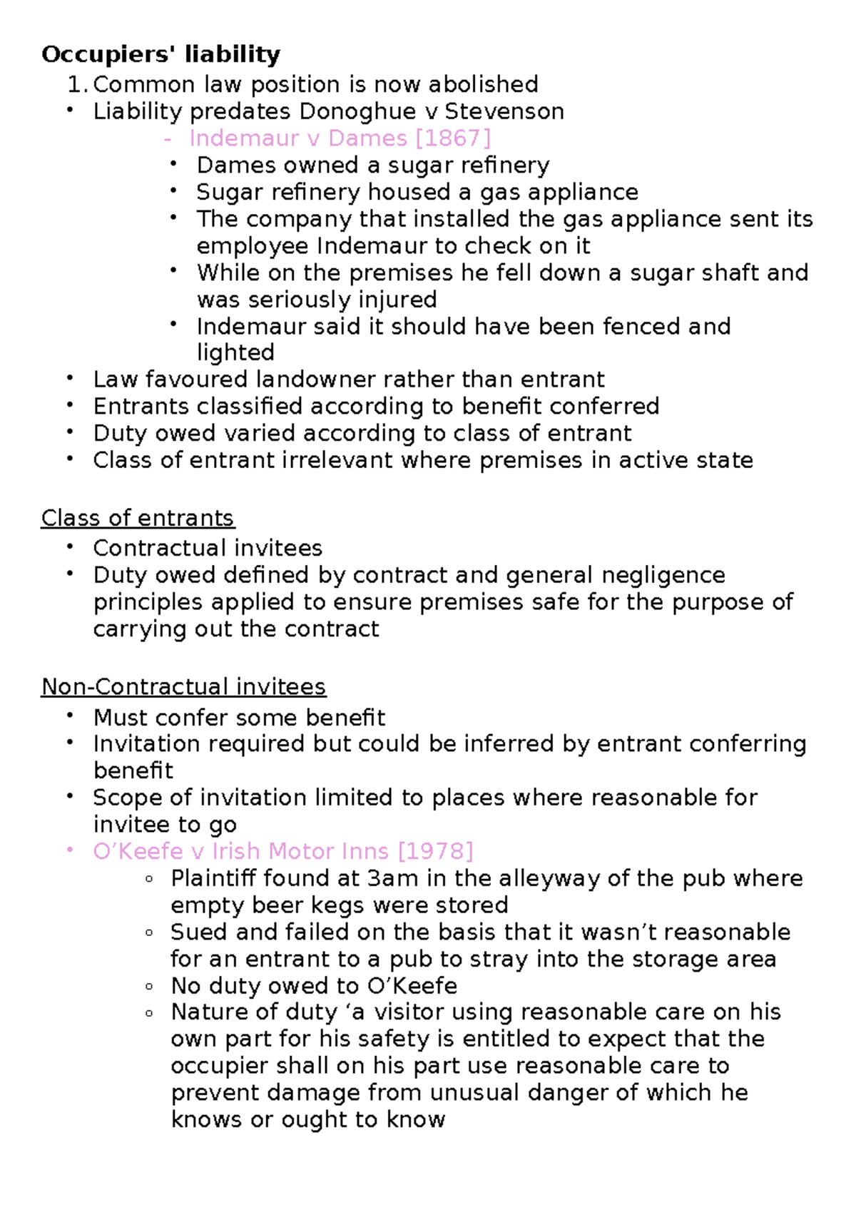 Occupiers Liability Notes: Common Law and Key Cases Analysis - Studocu
