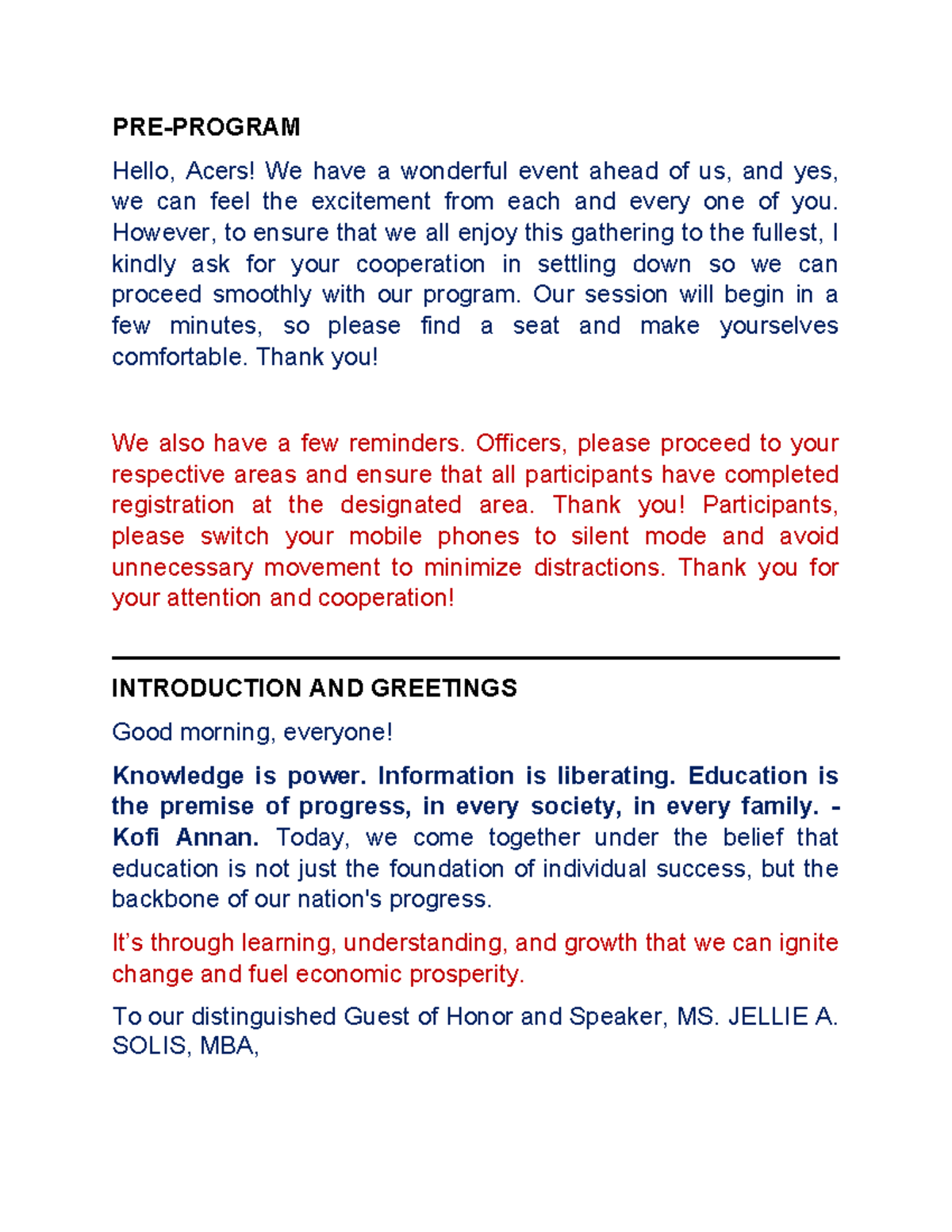 Emcee Script - for academic - PRE-PROGRAM Hello, Acers! We have a ...