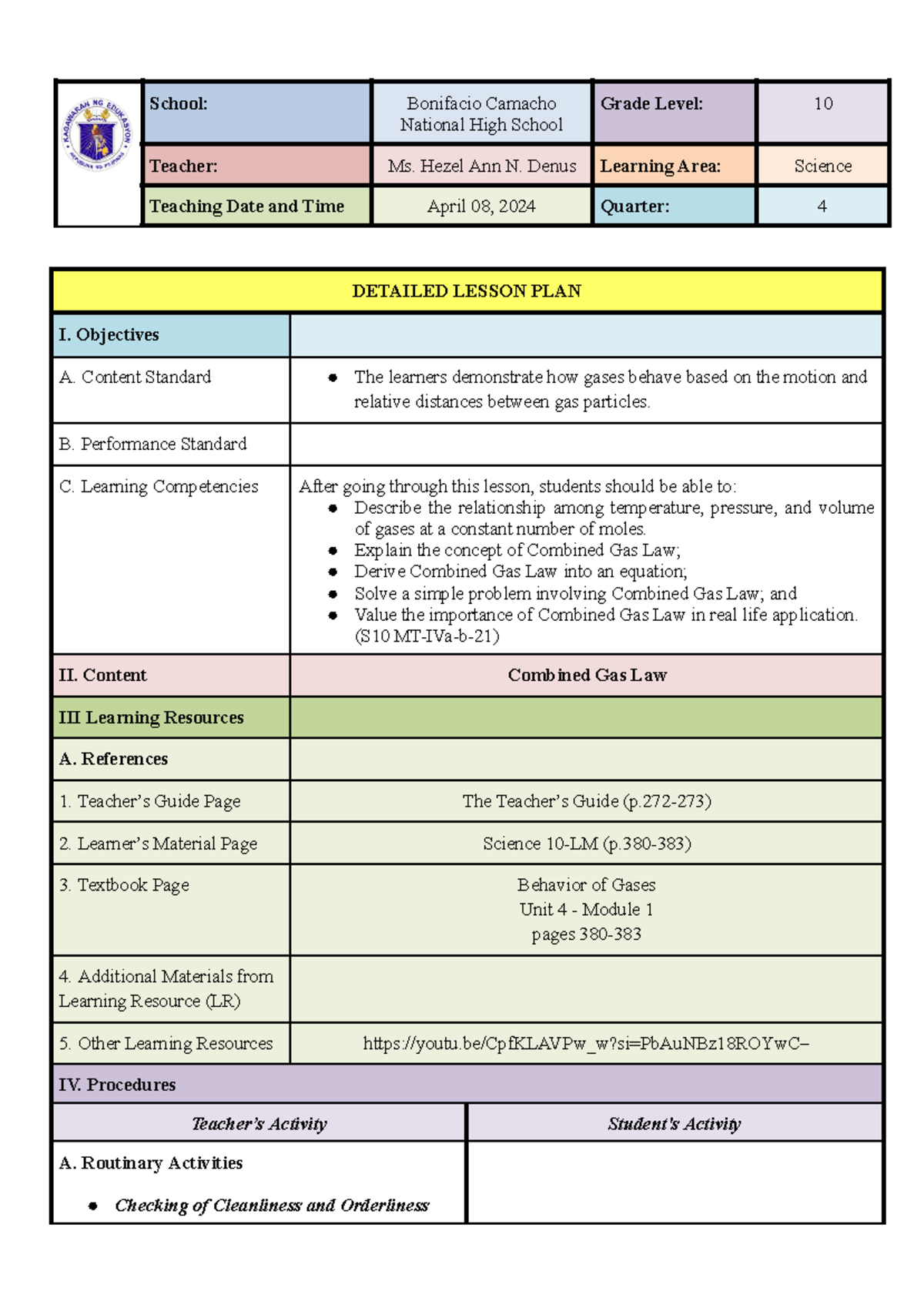 Combined Gas Law Lesson Plan for Grade 10 Science (S10) - Studocu