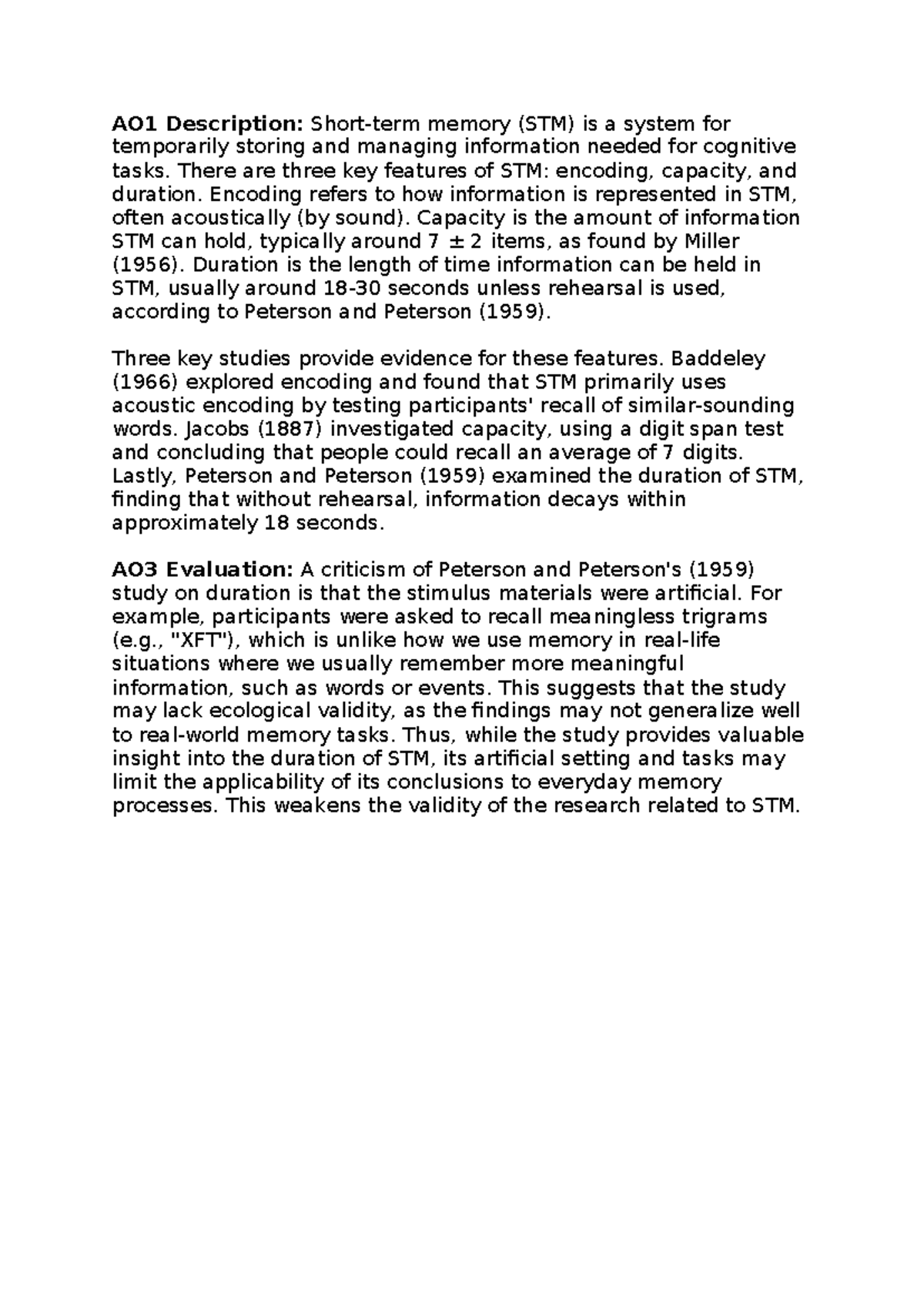 AO1 & AO3 Evaluation of Short-Term Memory (STM) Features and Studies ...