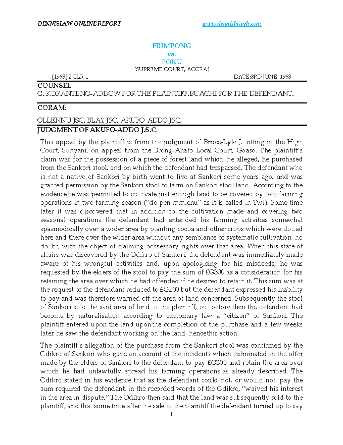 Frimpong v Poku [1963] - Supreme Court Case Analysis - Studocu
