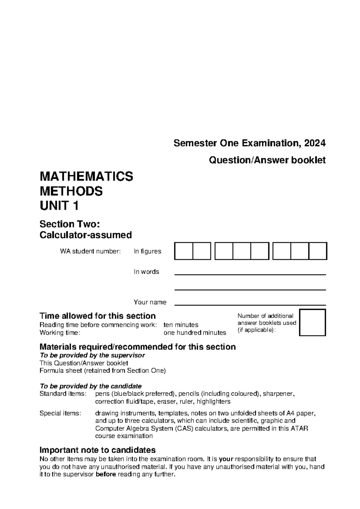 WAEP 2024 Year 11 Mathematics Methods Unit 1 Semester 1 Exam - Studocu