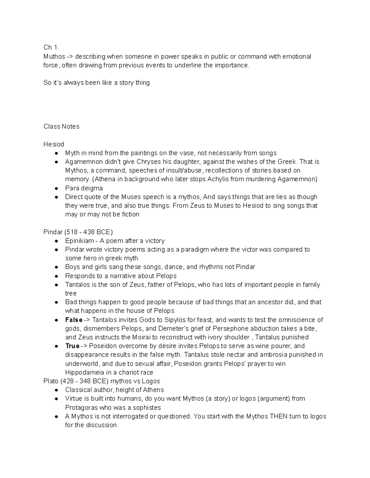 Ch 1. Class Notes on Mythos and Logos in Greek Myth (Hesiod) - Studocu