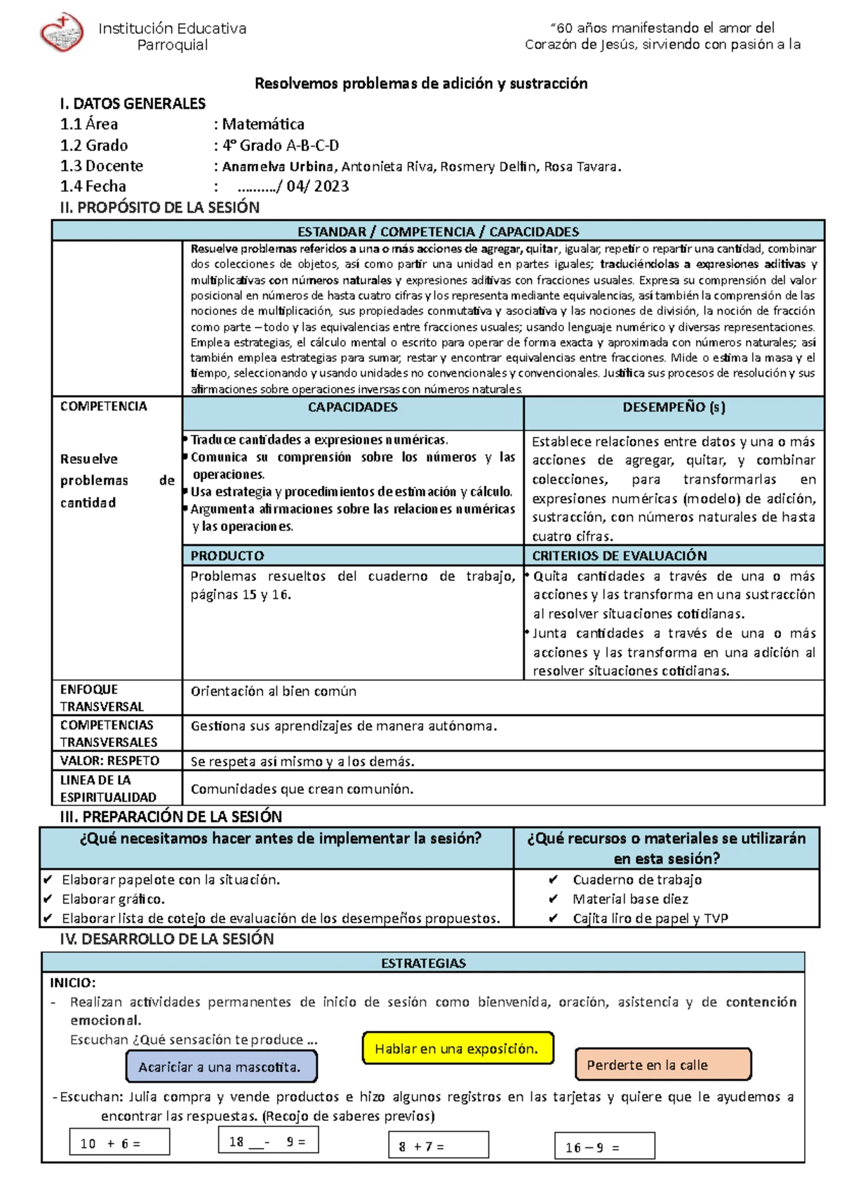 4 Sesión Resolvemos problemas de adición y sustracción Matemática ...