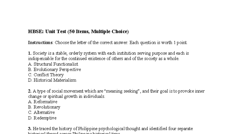 HBSE: Unit Test Review (50 MCQs for Pretest Preparation) - Studocu