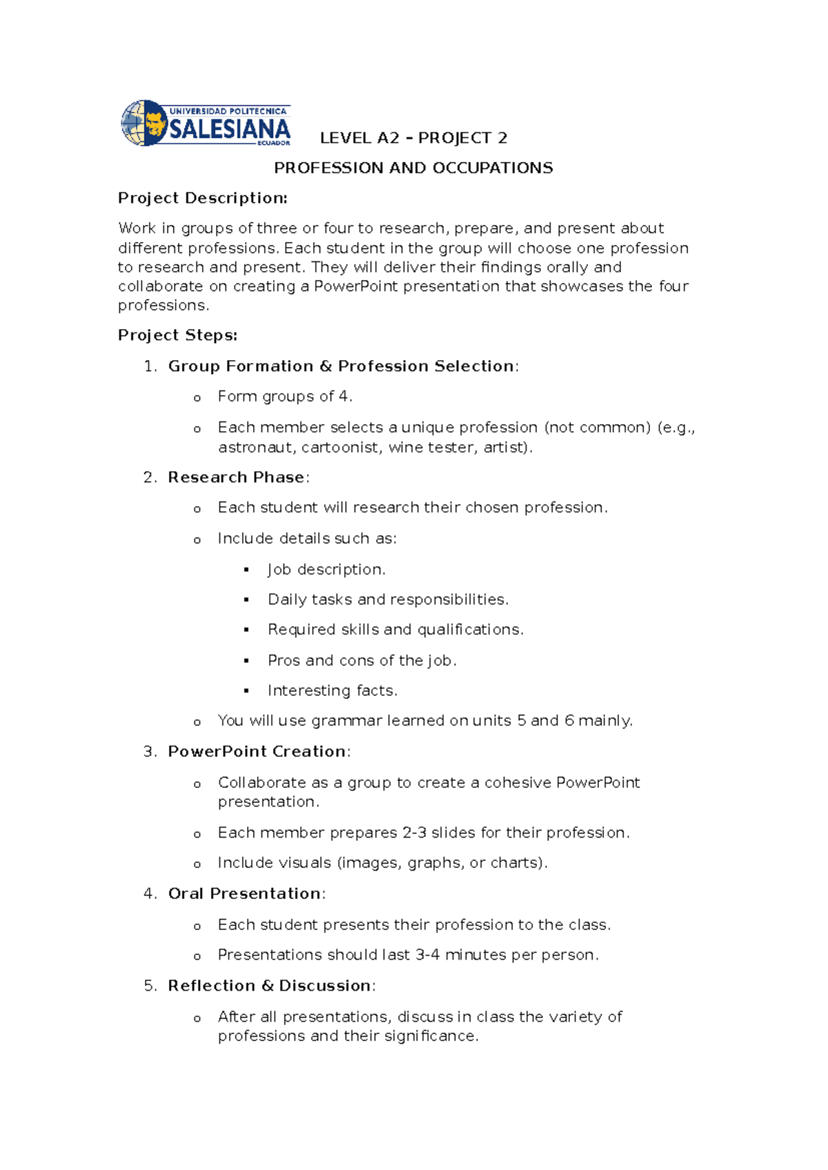 A2- Project-2 - Ingles - LEVEL A2 – PROJECT 2 PROFESSION AND ...