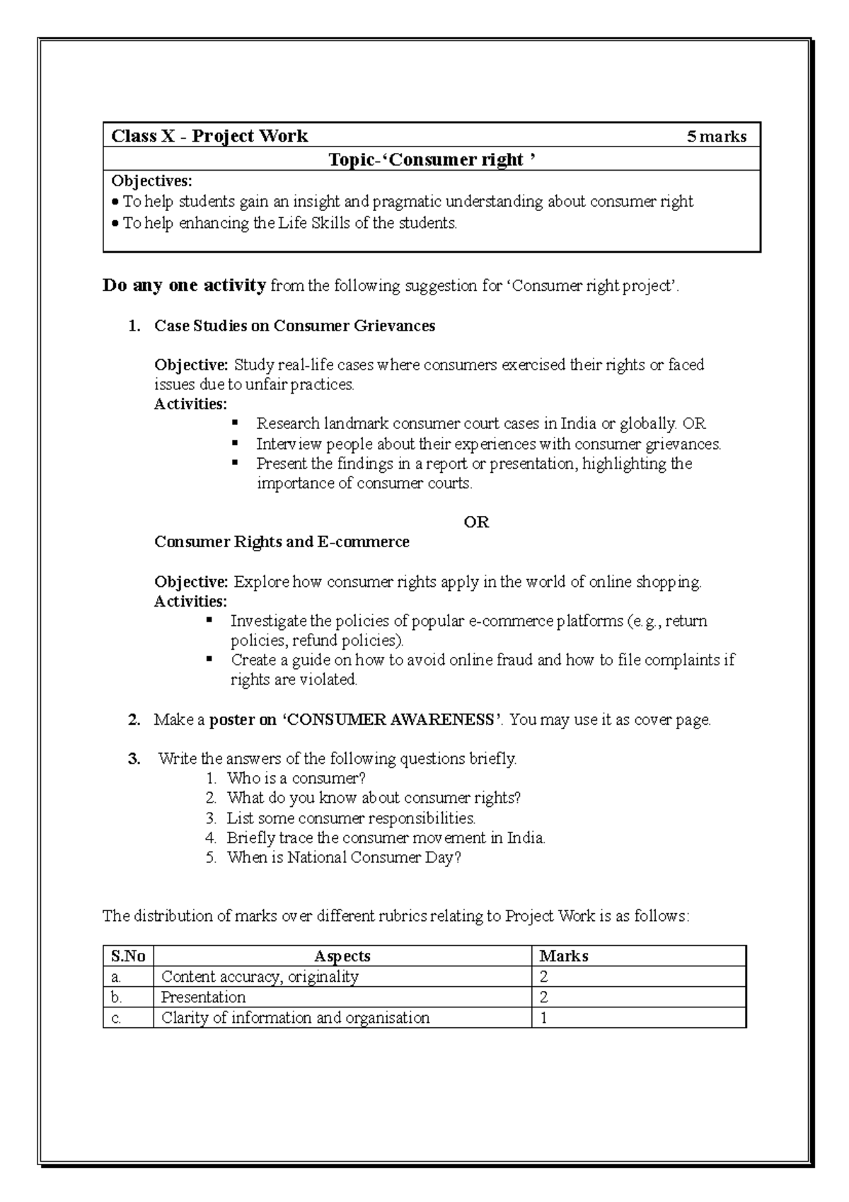 Class X Consumer Rights Project - Objectives and Activities Outline ...