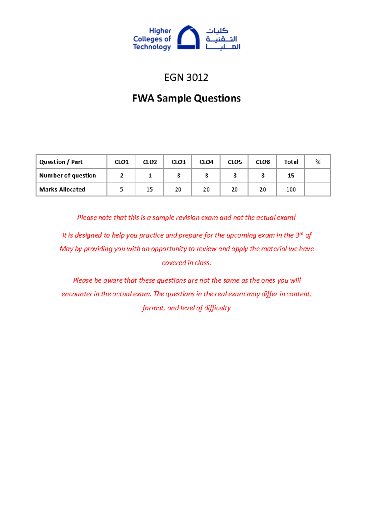 EGN 3012 FWA answer Sample Questions - EGN 3012 FWA Sample Questions ...
