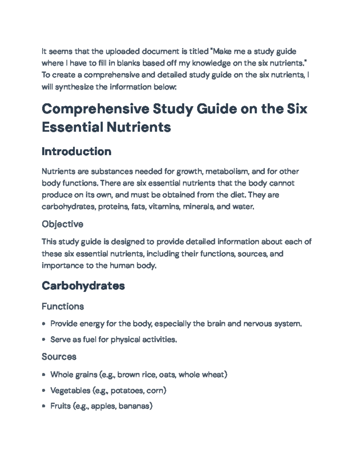 Comprehensive Study Guide on Six Essential Nutrients for Nutrition ...