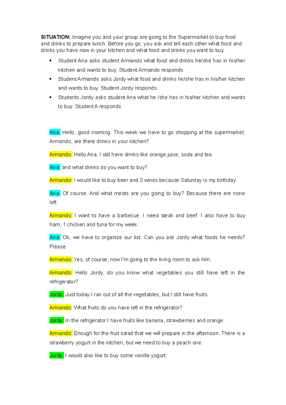Week 14 - Supermarket Shopping Dialogue and Food List - Studocu