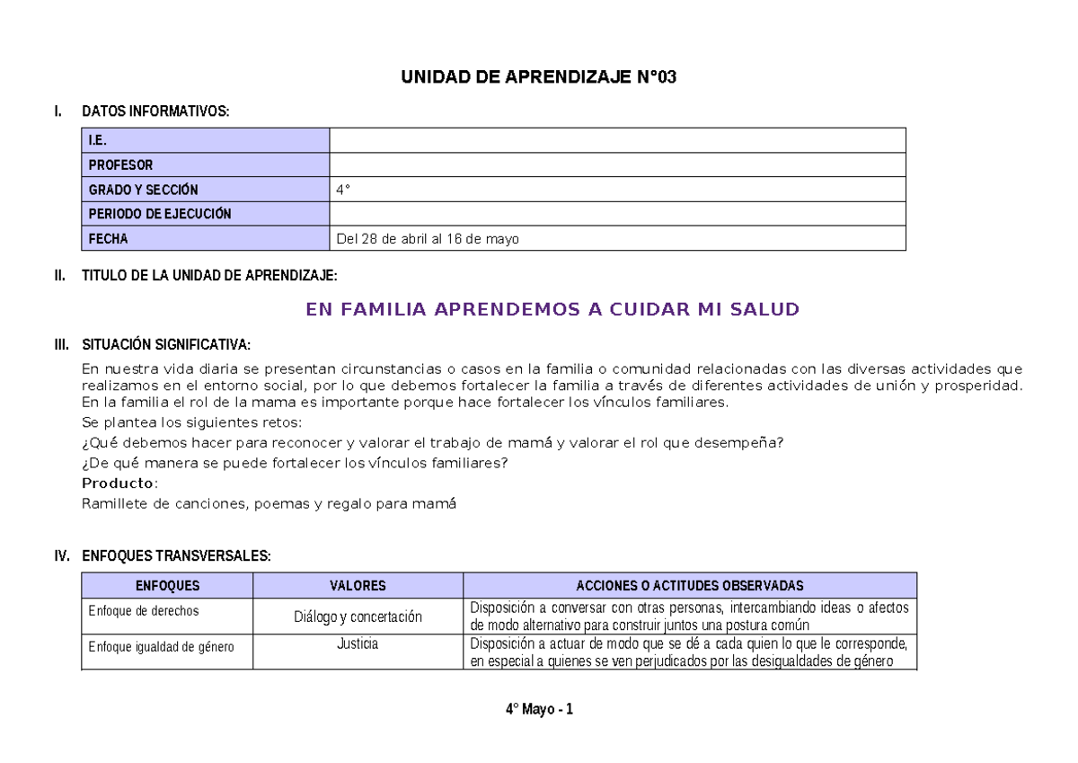 4° Grado - Unidad de Aprendizaje N°3: Cuidando Nuestra Salud en Familia ...