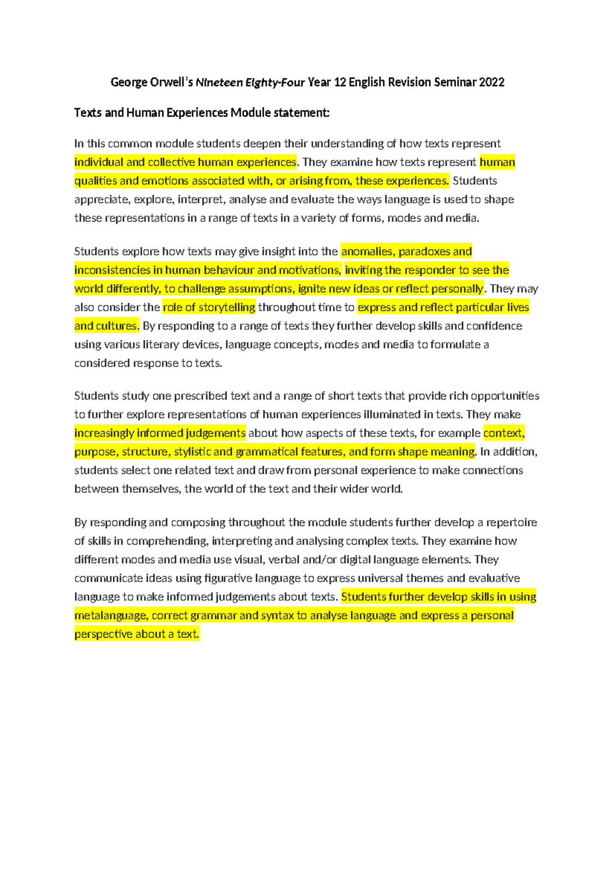 Year 12 English: Nineteen Eighty-Four Seminar Notes & Insights - Studocu
