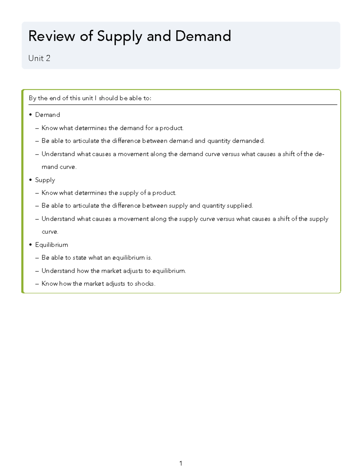 Unit 2: Review of Supply and Demand Concepts in Economics - Studocu