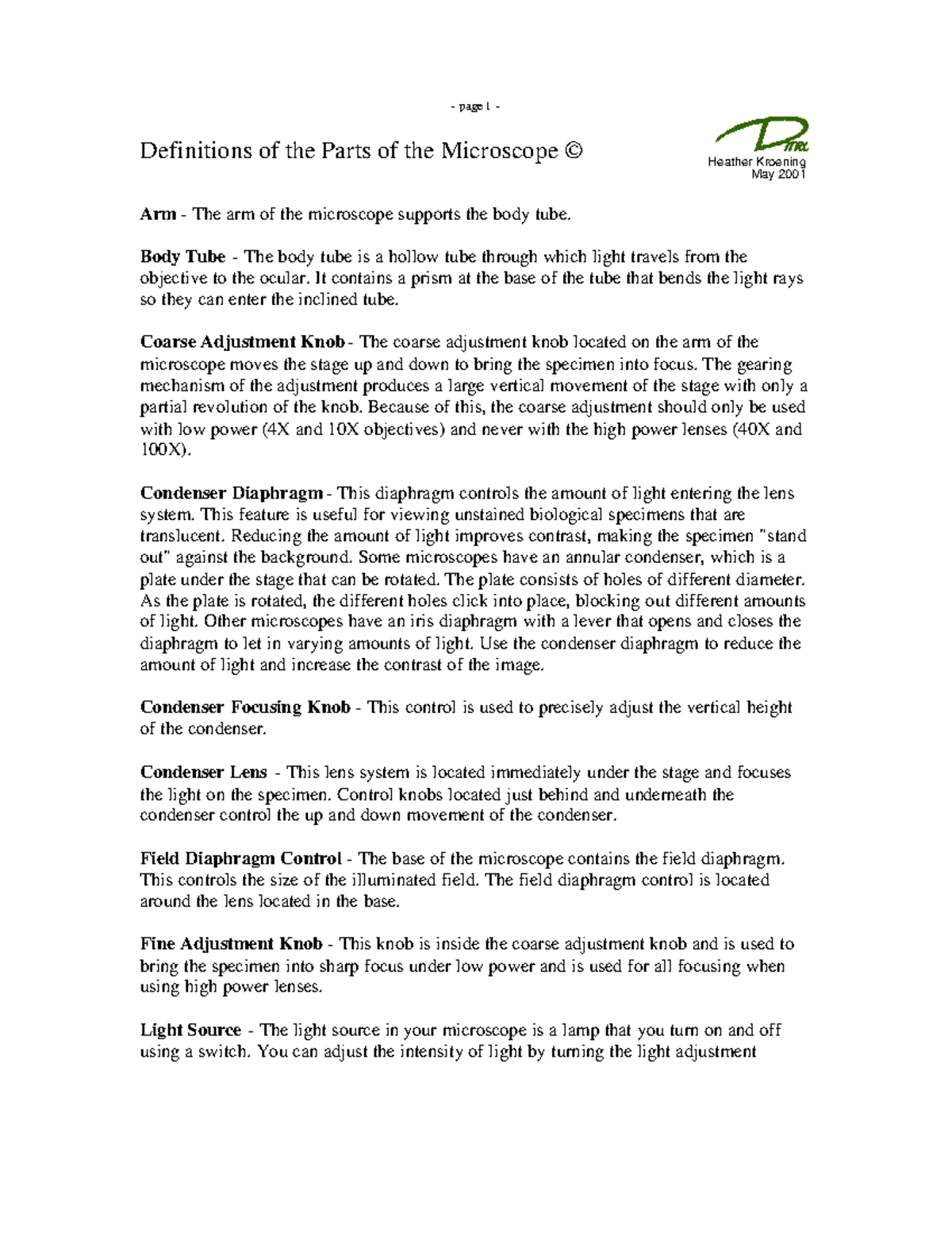 Microscope Parts Definitions and Functions - Bio 101 Lecture Notes ...