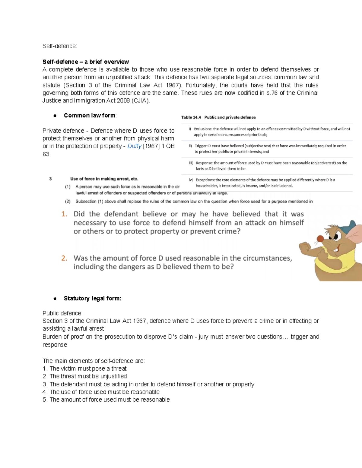 Criminal Law Course Notes: Self-Defence Overview and Key Cases - Studocu