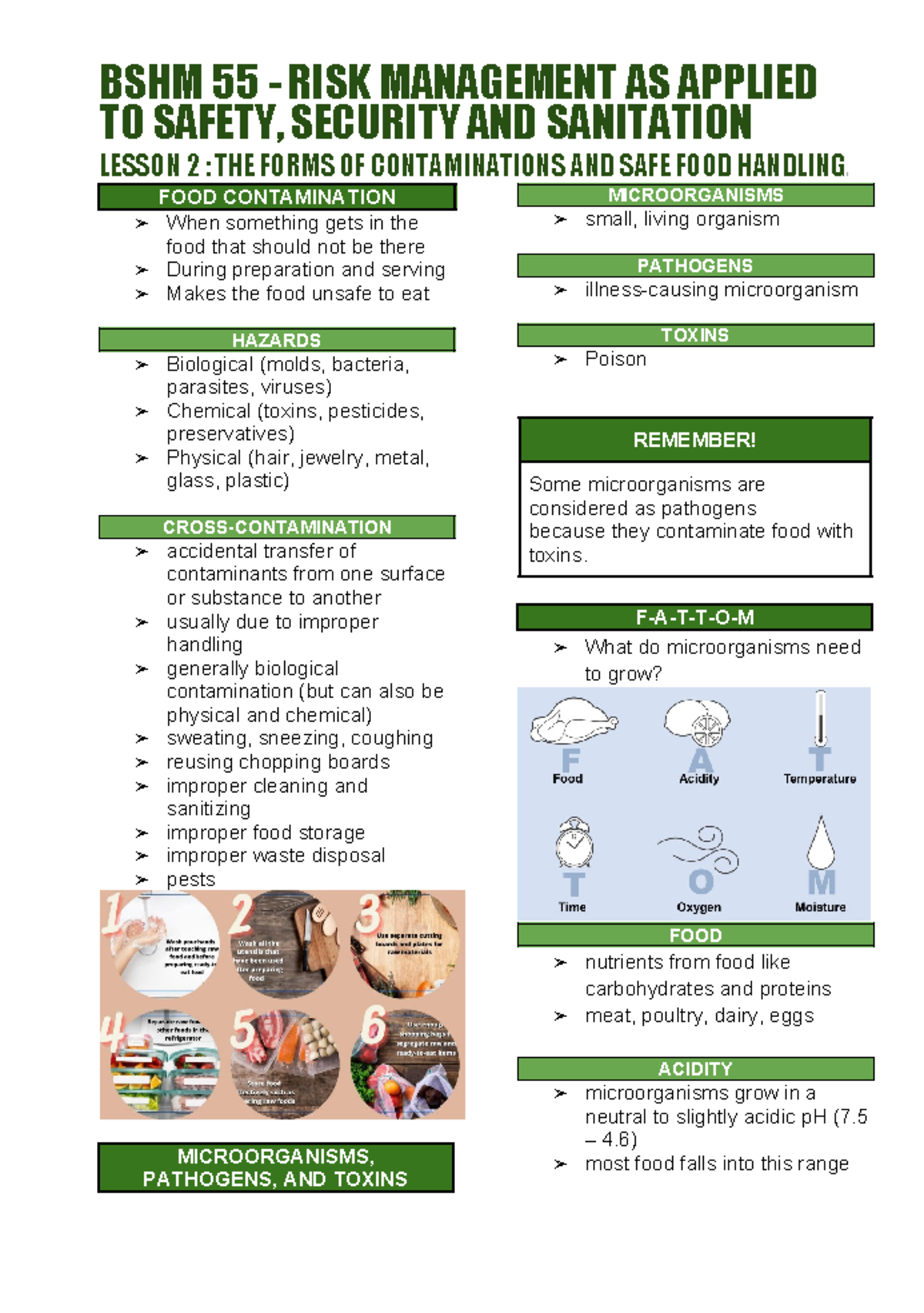 BSHM 55 Lesson 2: Safe Food Handling & Contamination Types - Studocu