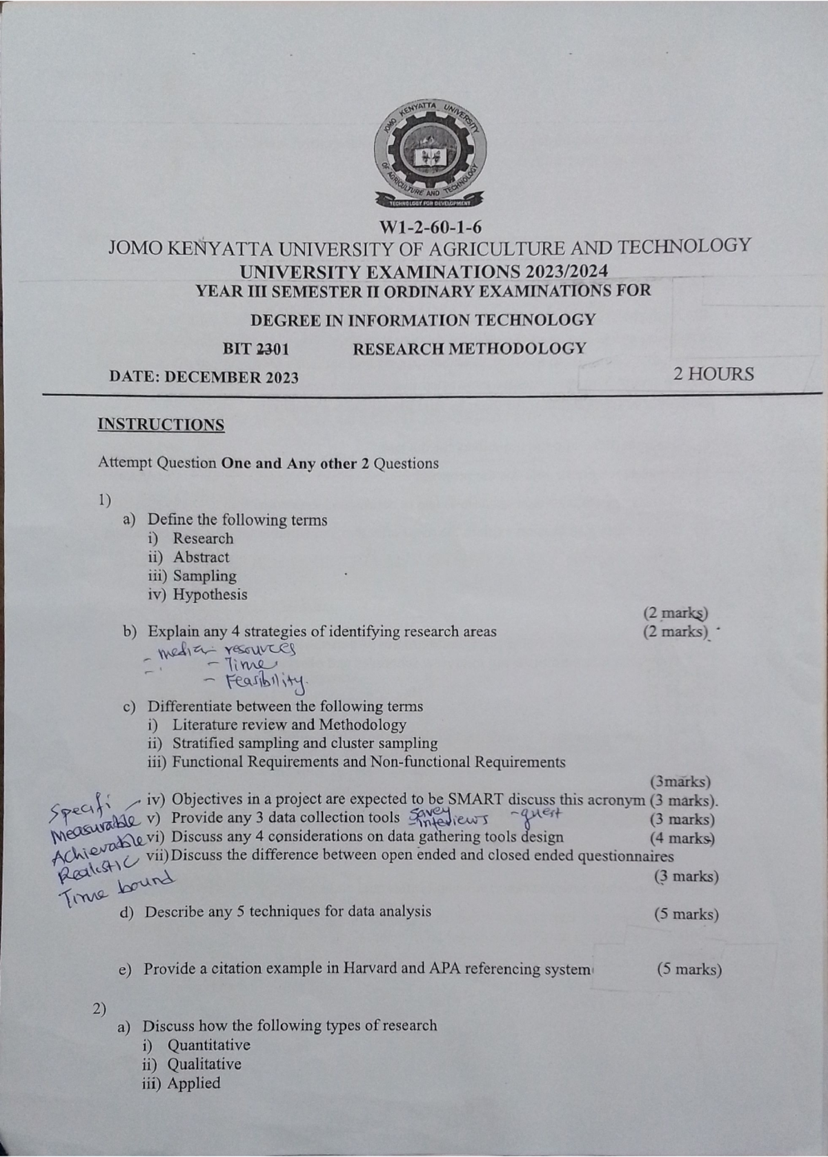 Research Methodology Exam Paper - BIT 2301 - December 2023 - Studocu