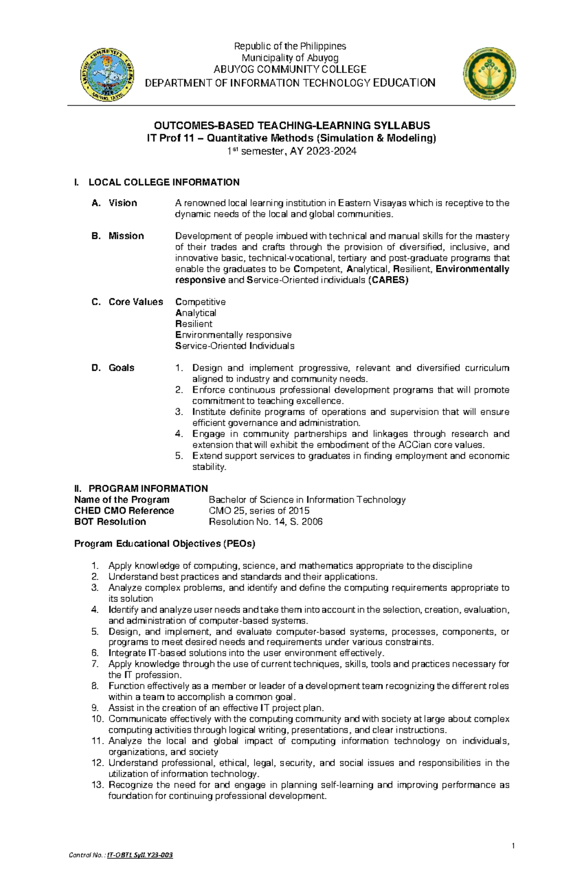 IT Prof 11 Syllabus: Quantitative Methods (Simulation Modeling) - Studocu