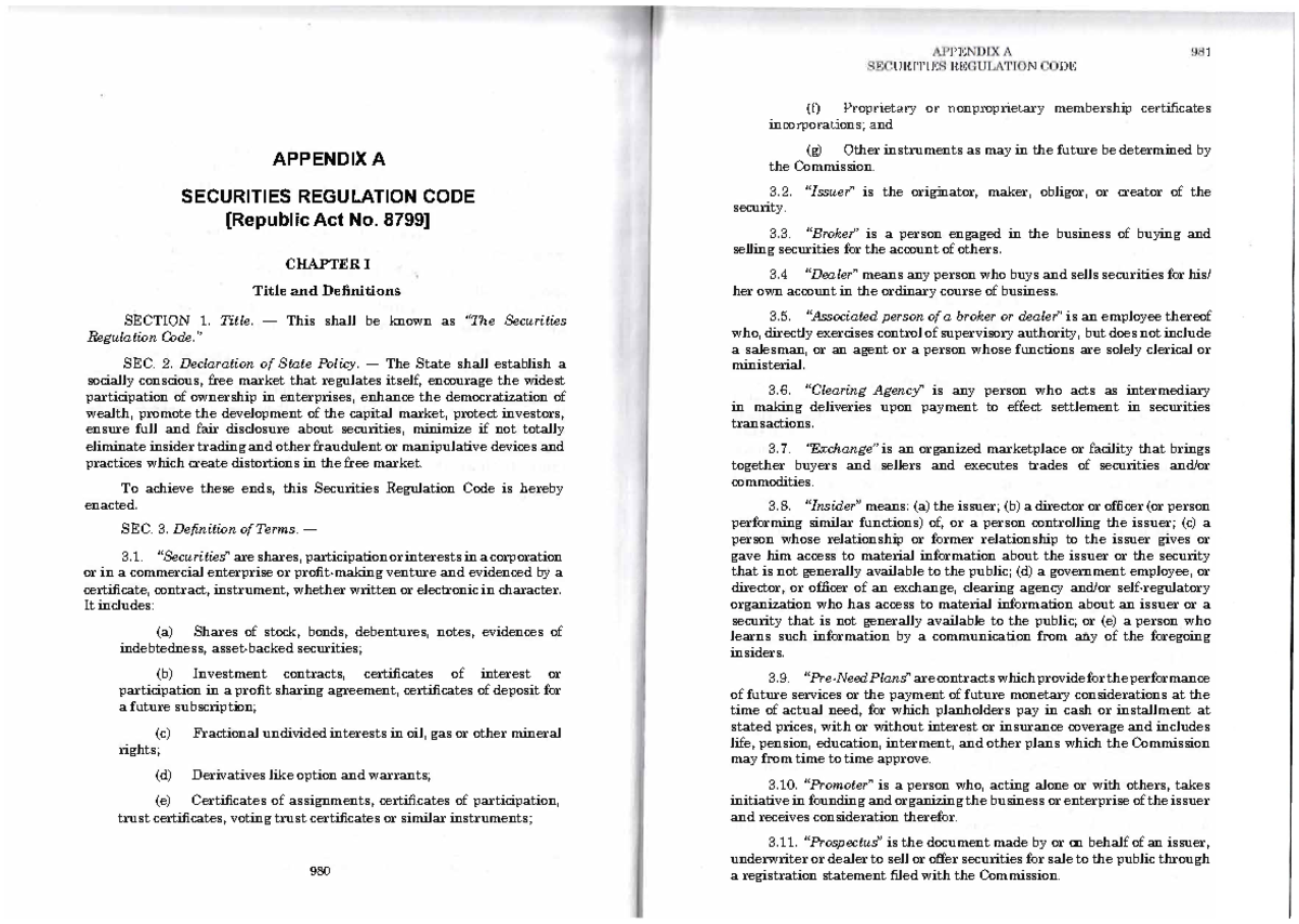 SRCCCCCCCCCCCCCCC - APPENDIX A SECURITIES REGULATION CODE [Republic Act No. 8799] CHAPTER I ...
