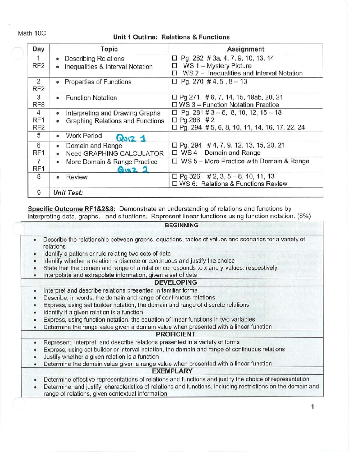 Math 10C Unit 1: Relations and Functions Complete Notes - Studocu